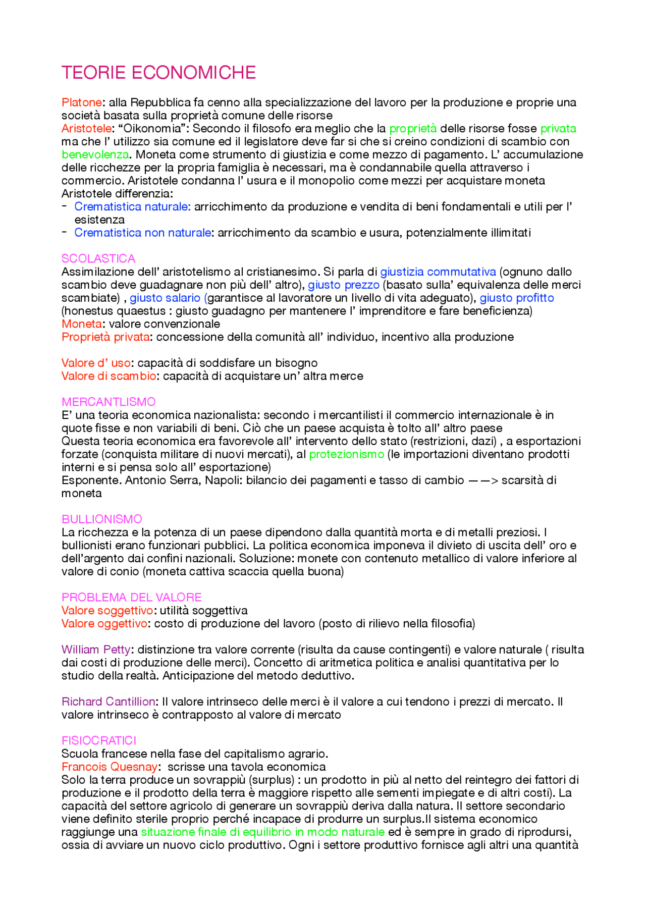 Teorie economiche di diversi economisti - Docsity