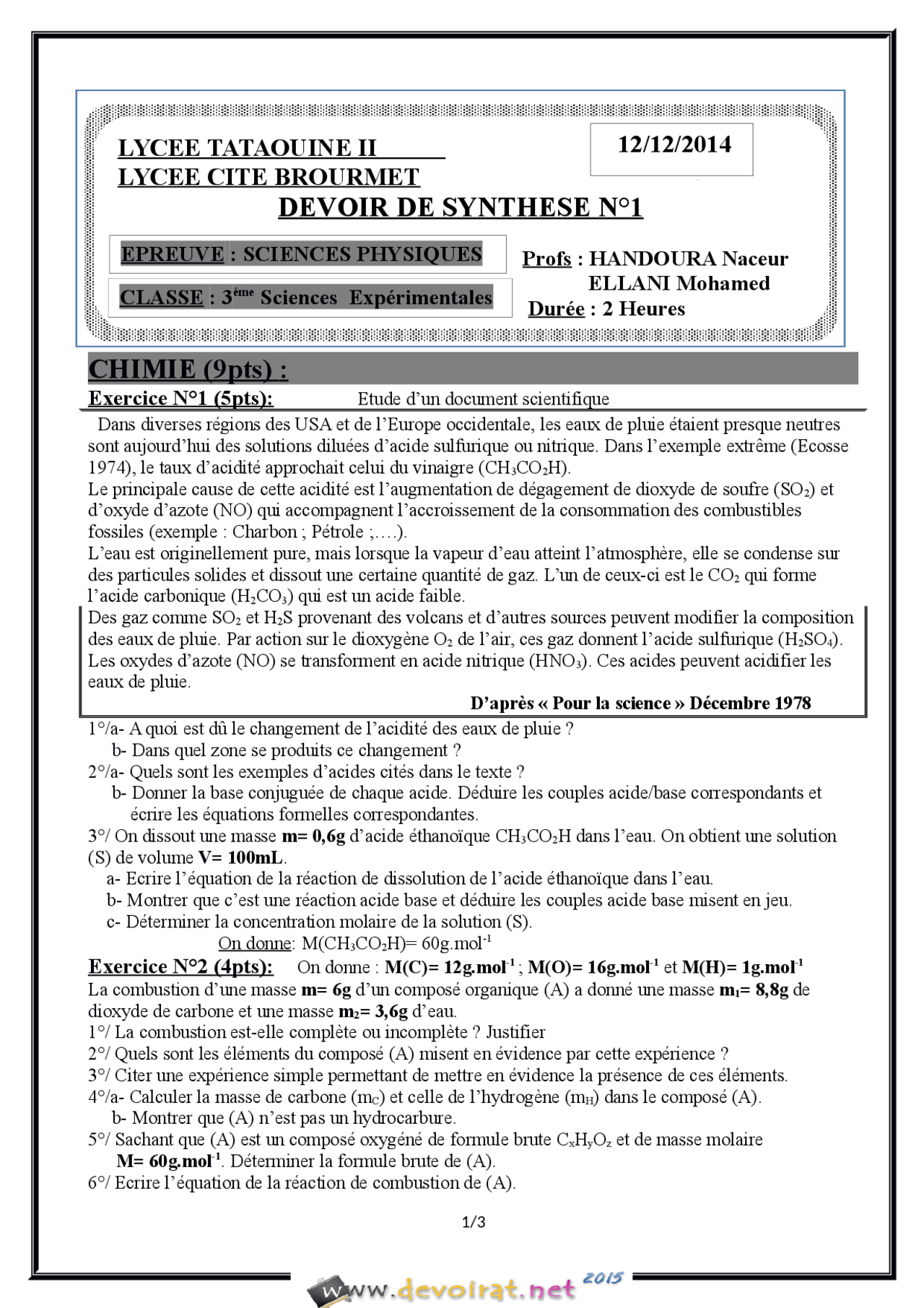 Physique: devoir de Controle - Docsity