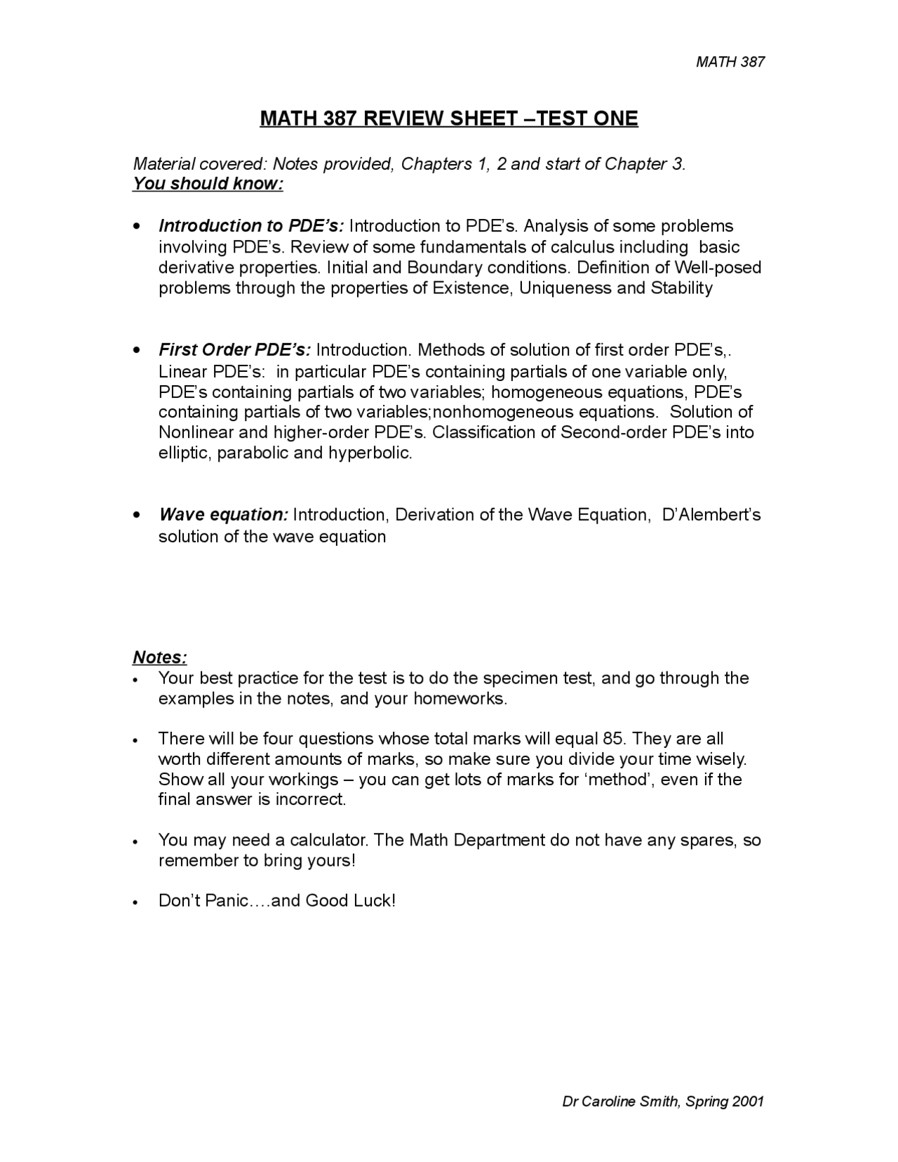 Introduction To Wave Equation Review Sheet Math 387 Docsity