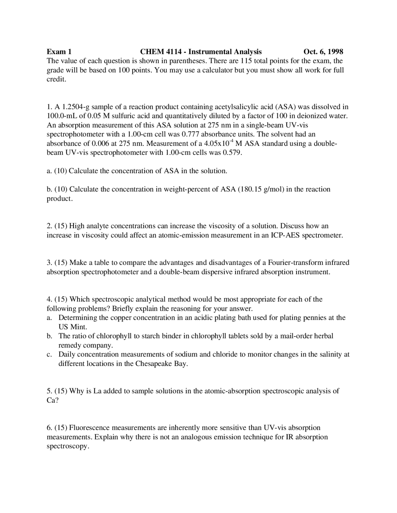 7 Questions Of Instrumental Analysis Exam 1 Chem 4114 Docsity