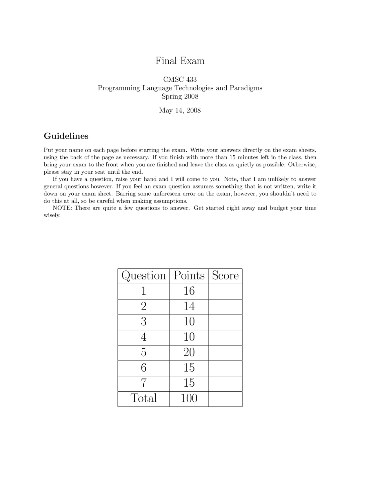 7 Questions Of Programming Language And Technologies And Paradigms Cmsc 433 Docsity
