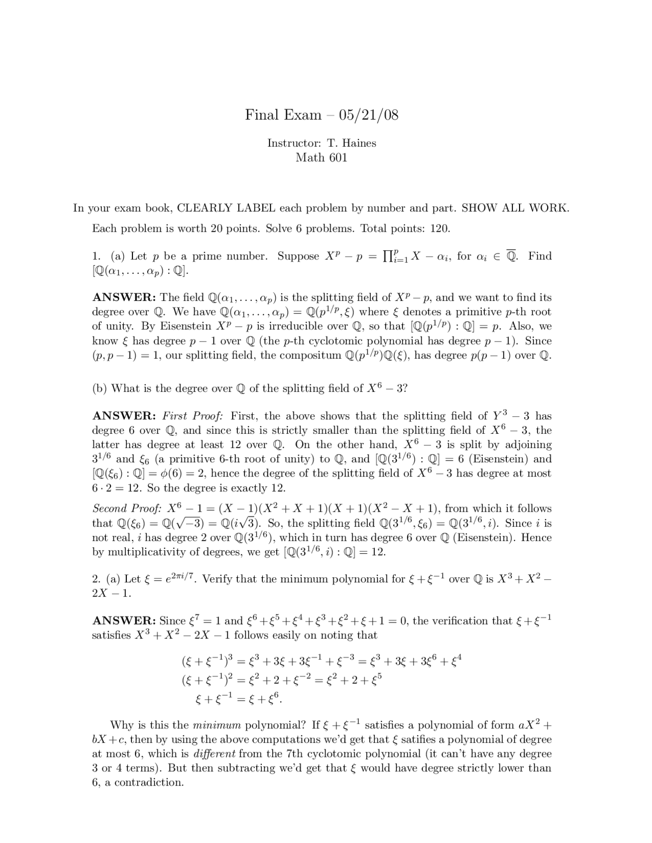 Past Final Exam With Answers Abstract Algebra Ii Math 601 Docsity