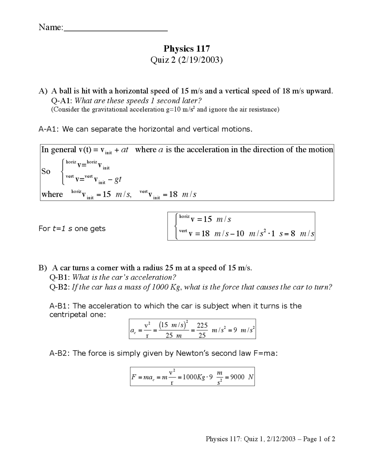 Introduction to Physics - Solved Quiz 2 - Fall 2003 | PHYS 117 - Docsity
