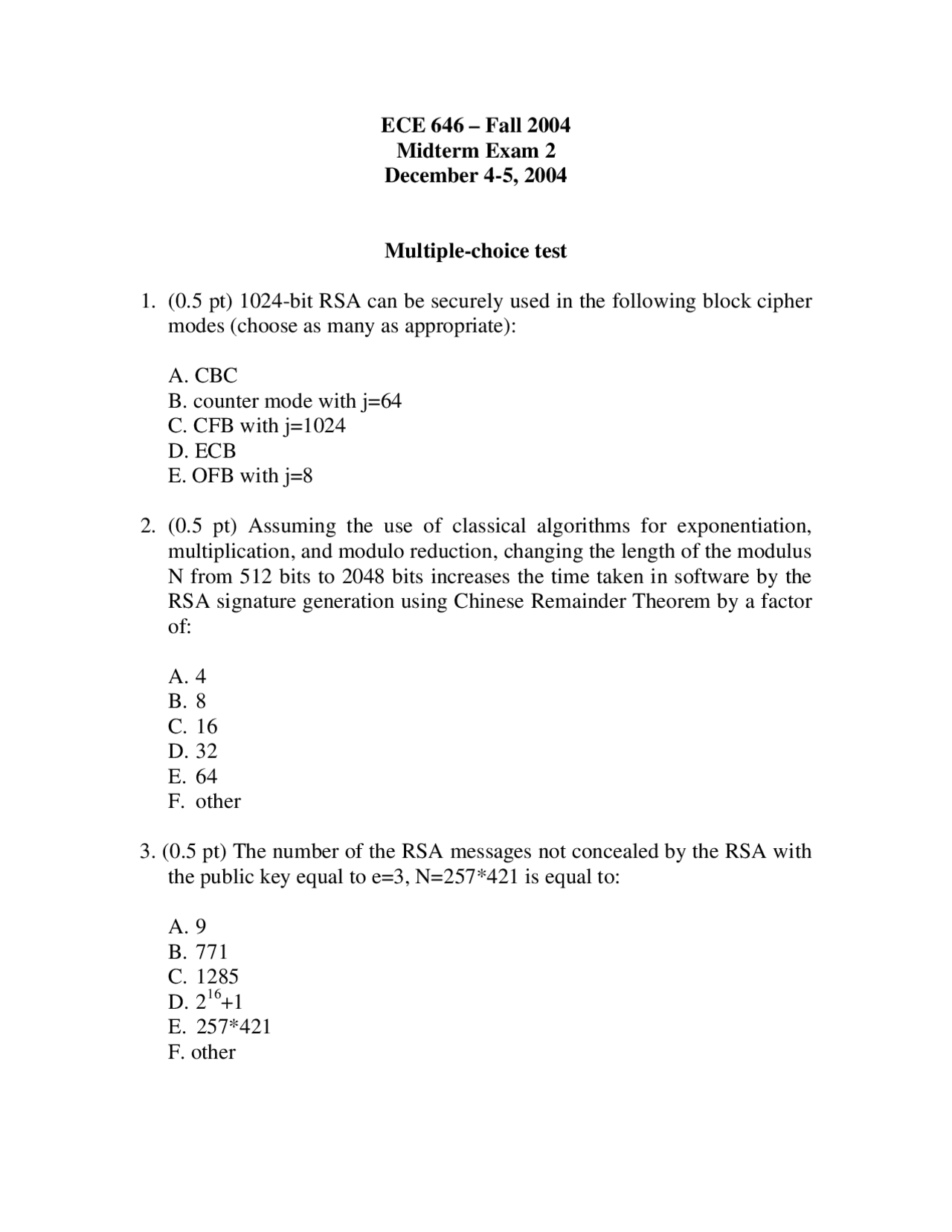 Midterm Exam 2 Multiple Choice Test 2004 Ece 646 Docsity 5161