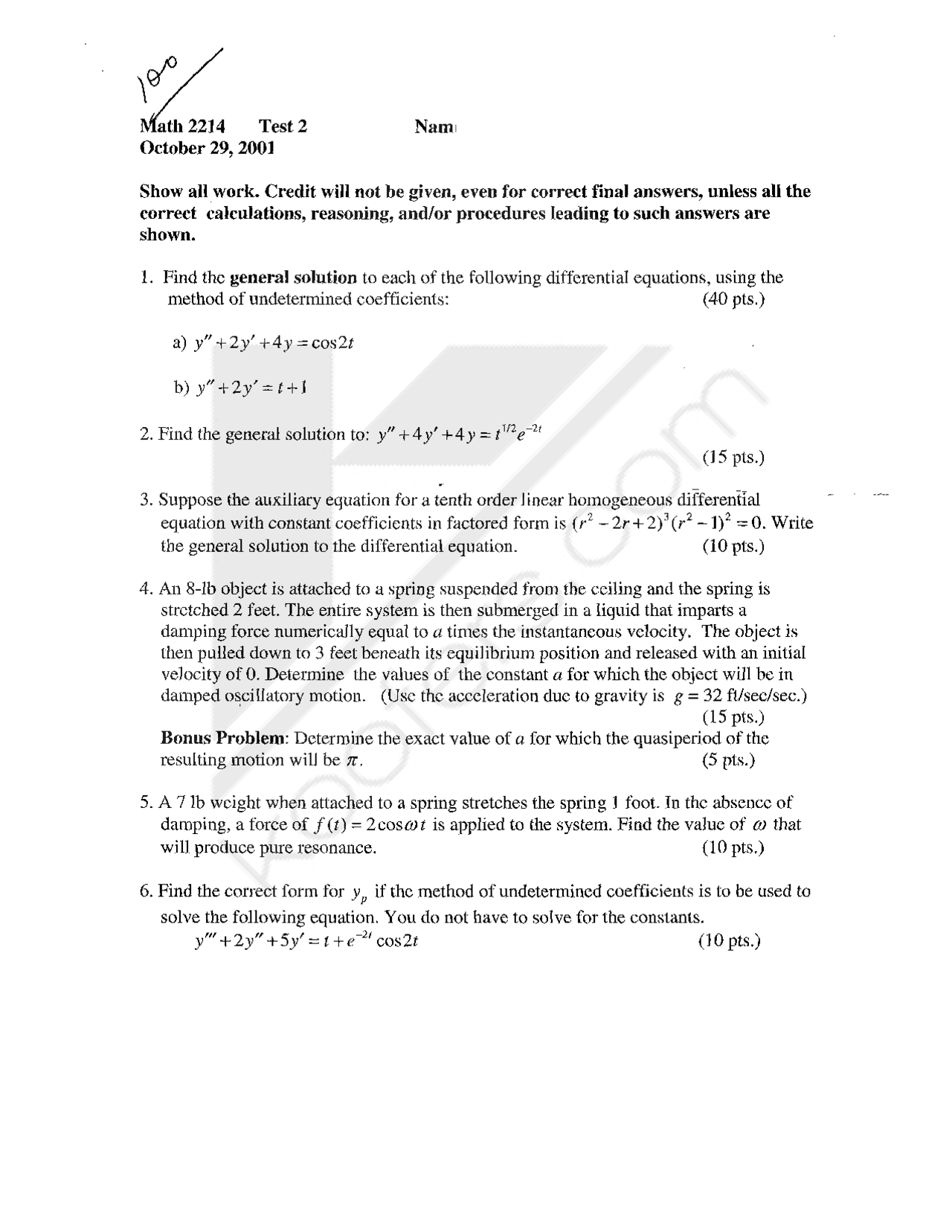 Test 2 With Resolution Introduction To Differential Equations Math