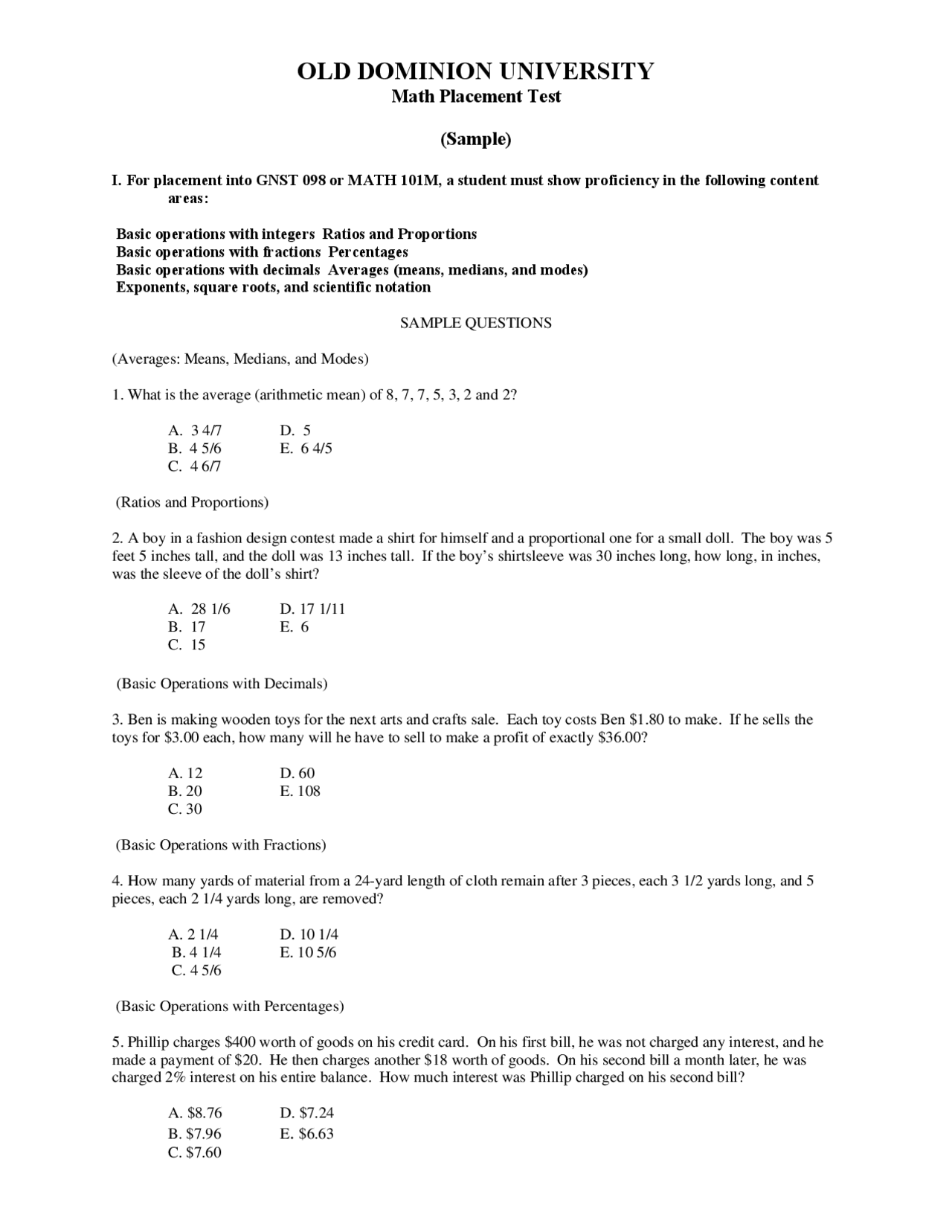 Placement Test - An Introduction to Mathematics for Critical Thinking ...