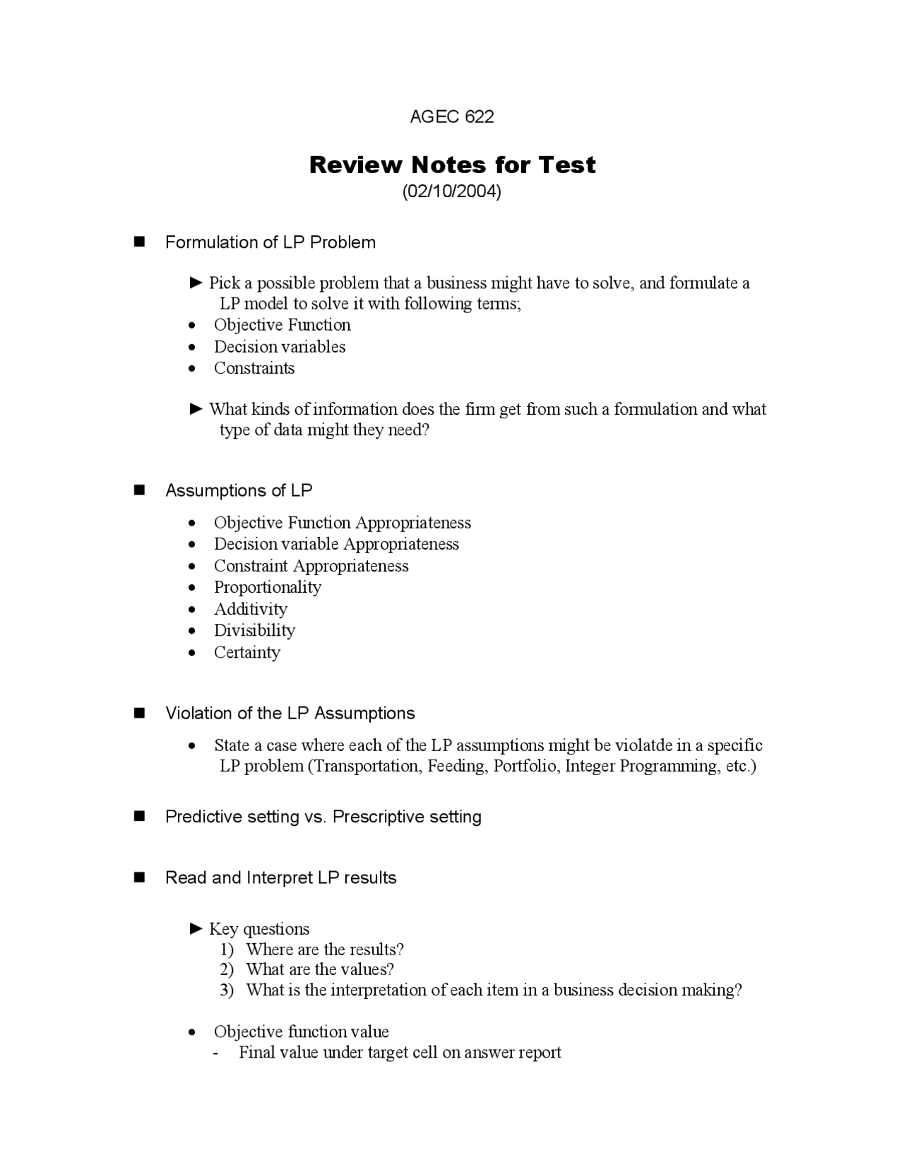 Review Sheet For Test Analysis And Forecasting Agec 622 Docsity