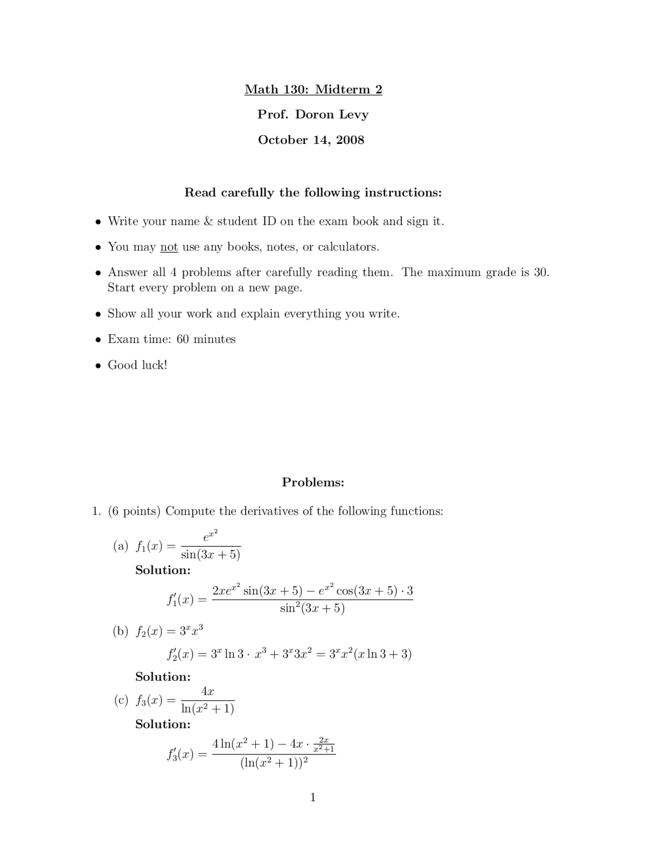 Midterm 2 With Solved Problems Calculus I For Life Science Math 130