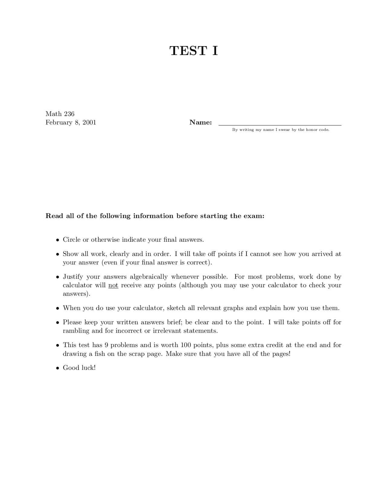 9 Questions On Calculus Ii Exam 1 Math 236 Docsity