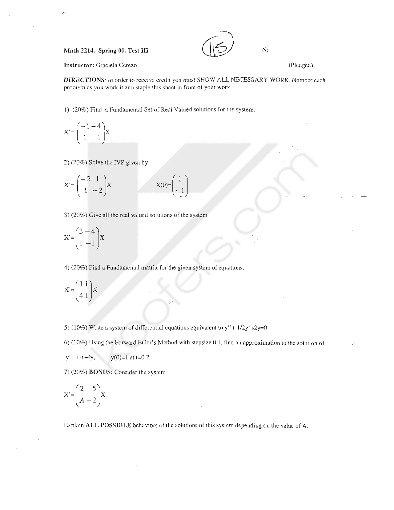 8 Questions For Exam 3 Introduction Differential Equations Math