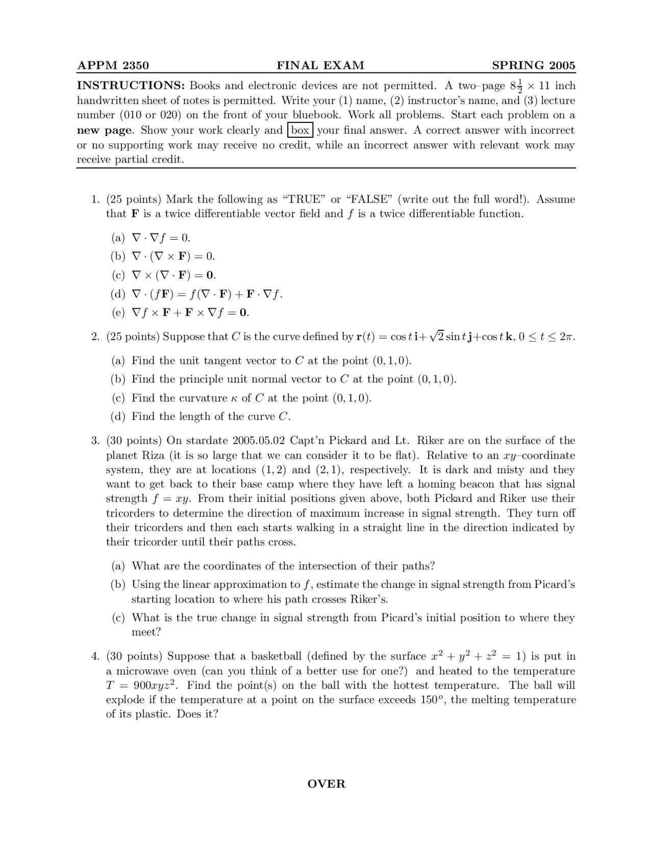 7 Questions On Calculus Iii For Engineers Old Final Exam Appm 2350