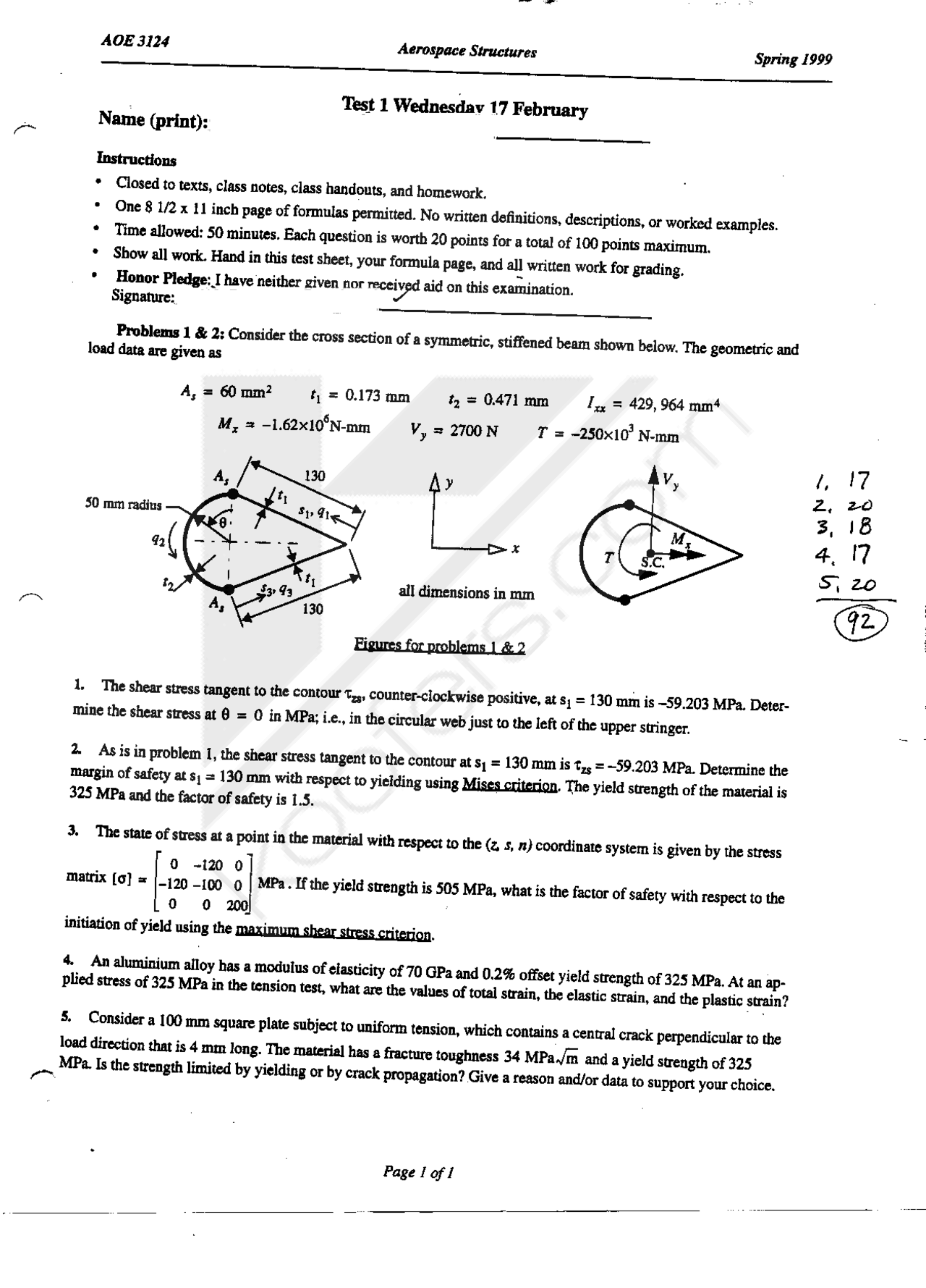 Past Test 1 With Resolution Aerospace Structures Aoe 3124 Docsity