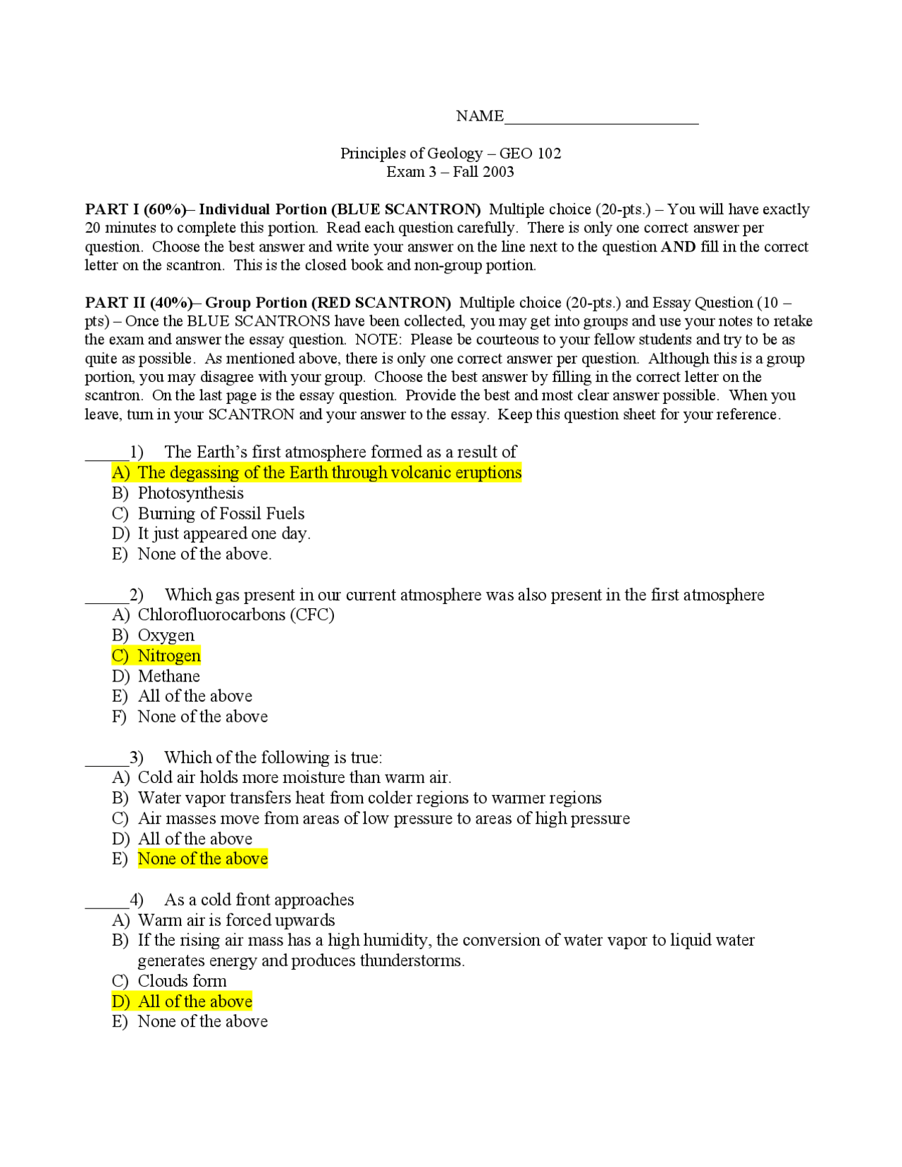 Exam 3 With Solution For Principles Of Geology Geo 10200 Docsity