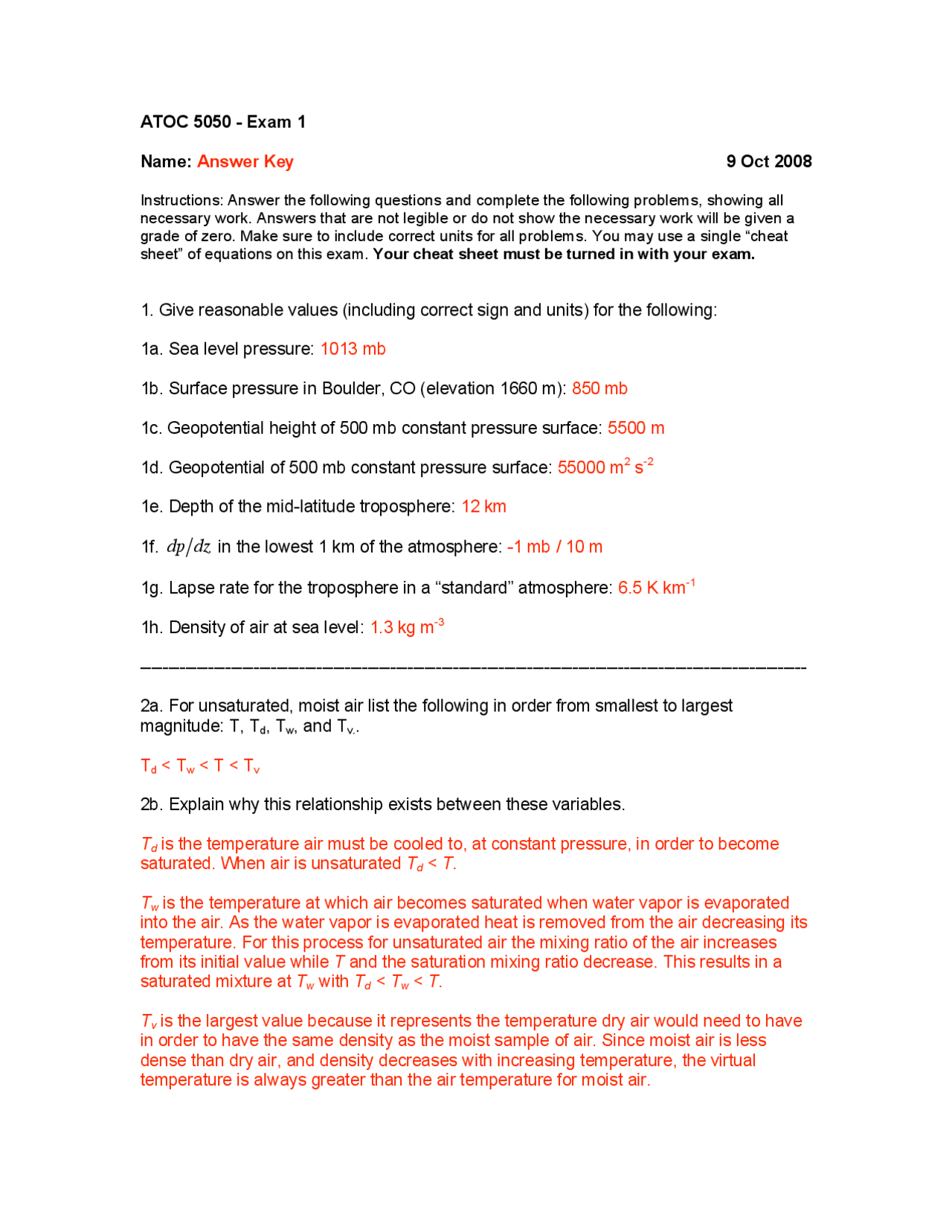 Exam 1 Answer Key Introduction To Atmospheric Physics And Dynamics