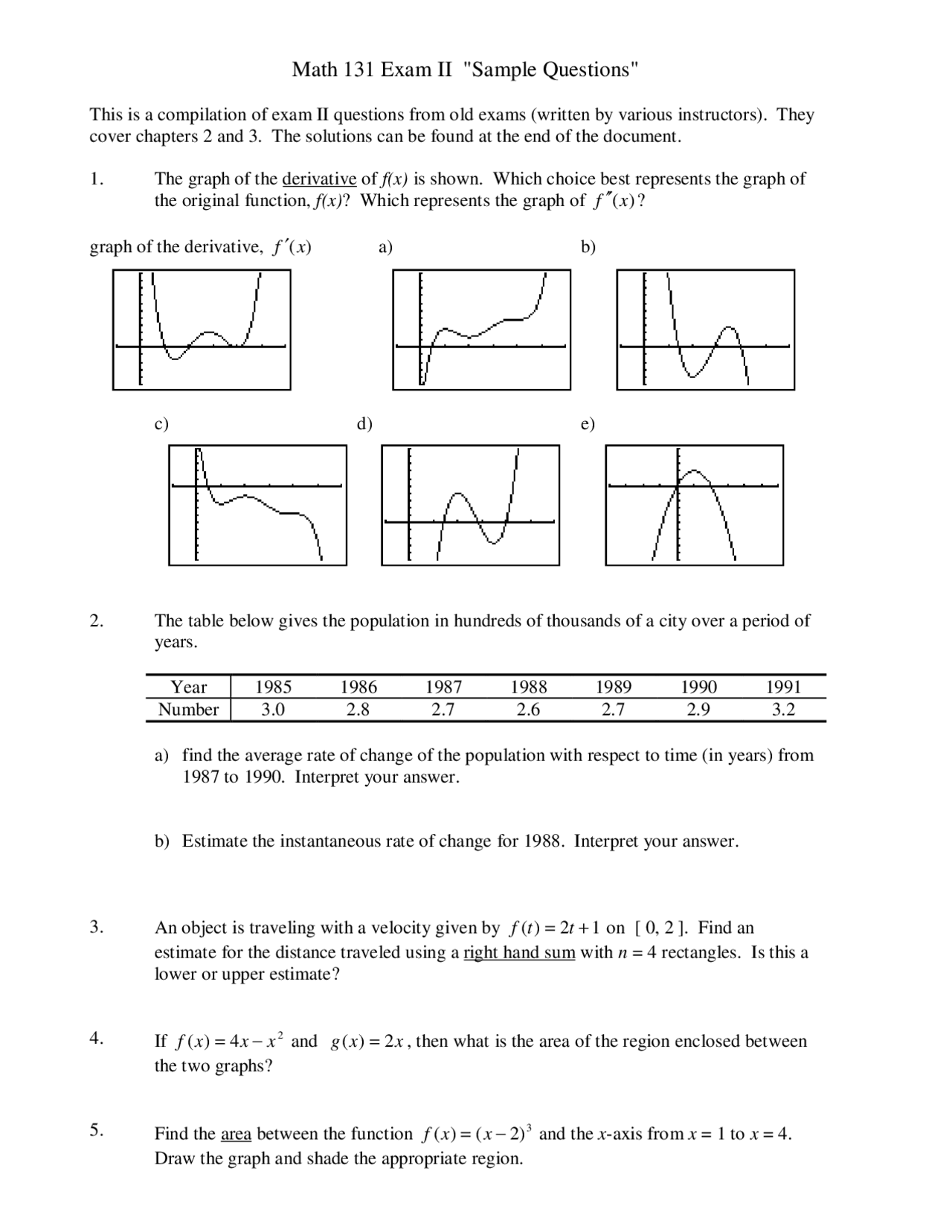Exam 2 Sample Questions With Solution Mathematic Concepts Calculus