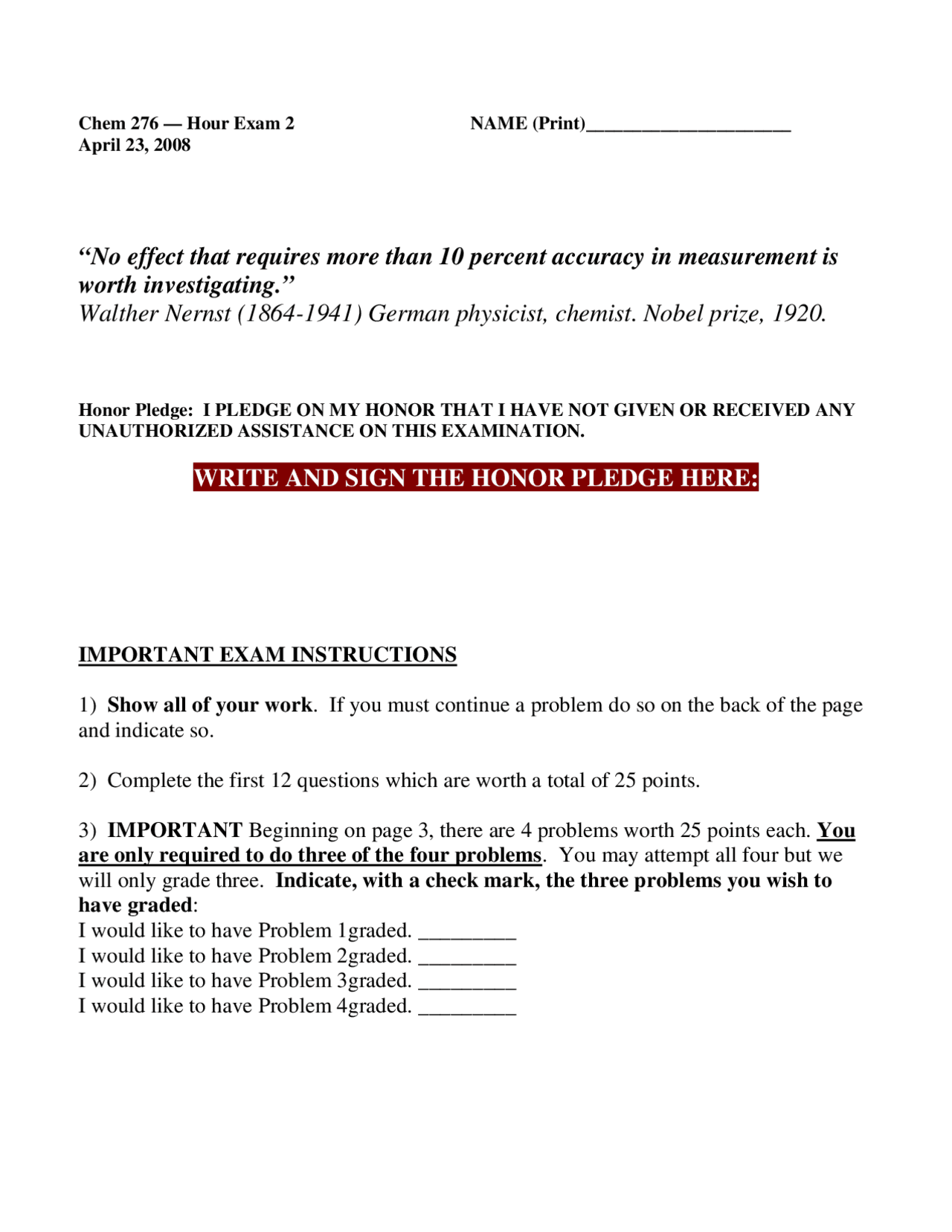 3 Solved Questions In Chemical Fundamentals I Exam 2 Chem 276 Docsity