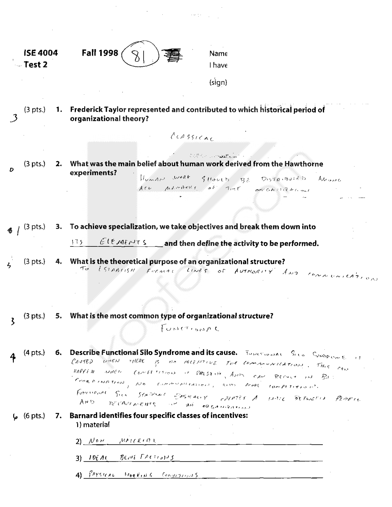 Test 2 With Solution For Theory Of Organization Ise 4004 Docsity