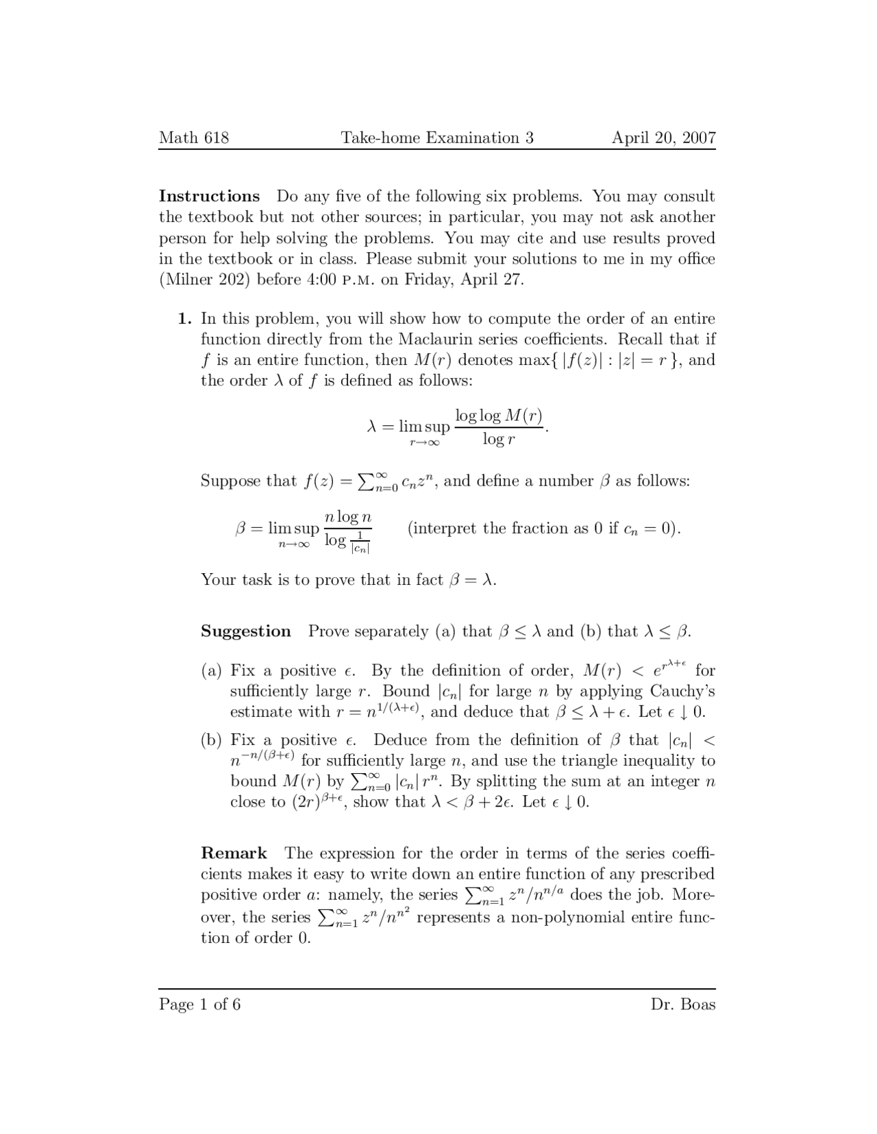 Take Home Examination 3 Complex Variables Ii Math 618 Docsity