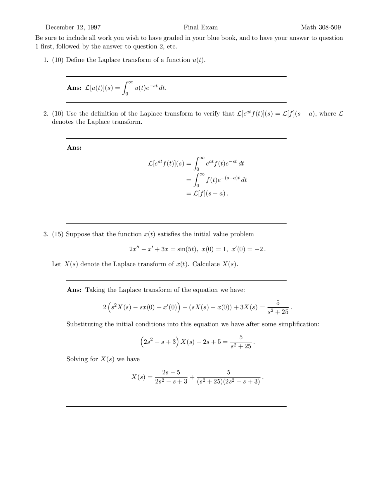 Differential Equations - Final Exam with Answer Key | MATH 308 - Docsity