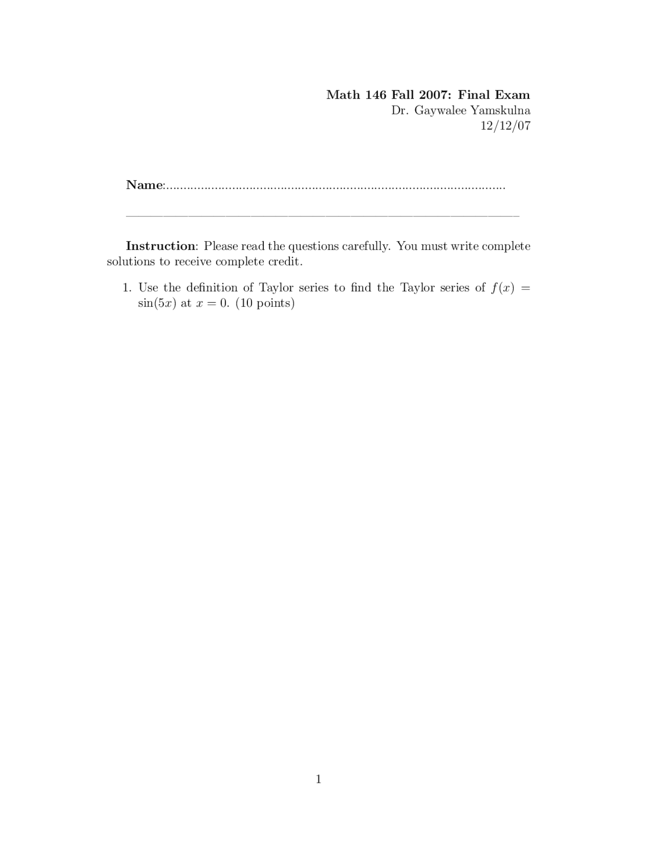 10 Problems On The Taylor Series Final Exam Mat 14600 Docsity