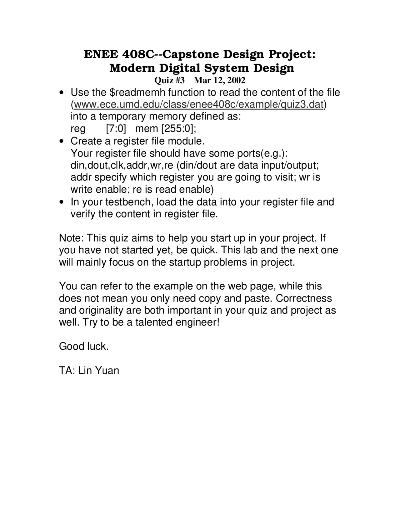 Quiz 3 Practice Problems Modern Digital System Design Enee 408c