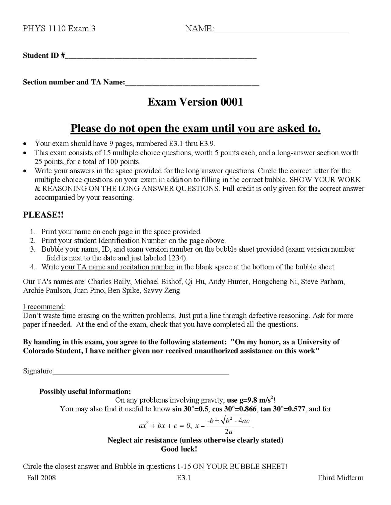 Exam 3, Version 1 for General Physics 1 | PHYS 1110 - Docsity