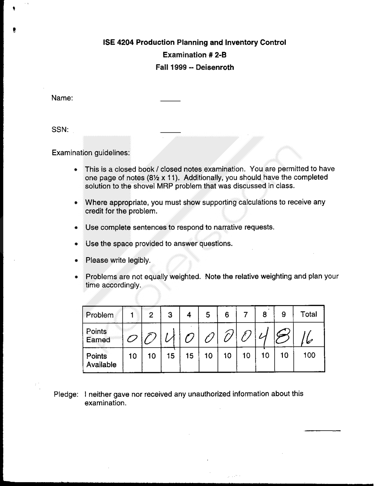 Exam 2 With Solved Production Planning Inventory Control Fall 1999