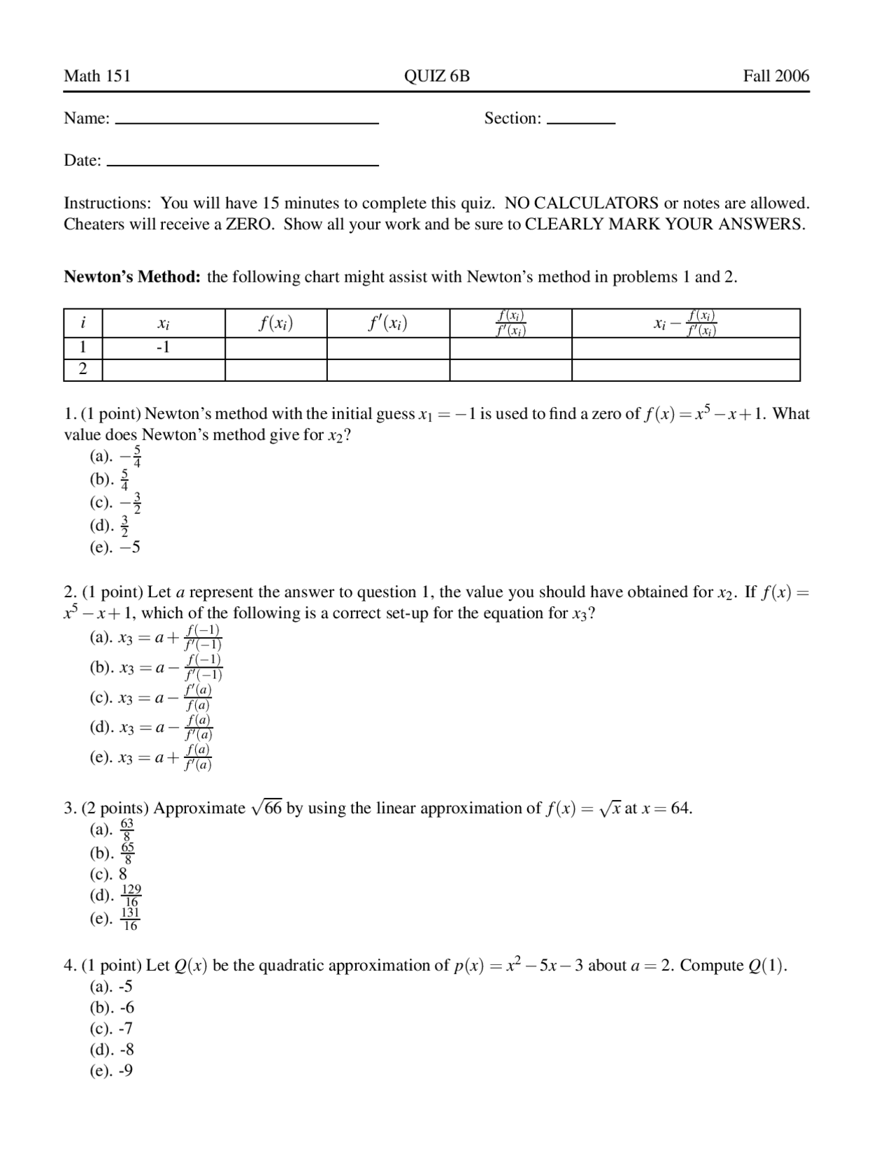 Newton's Method and Quadratic Approximation Quiz for Math 151, Fall 2006 | Quizzes Mathematics ...