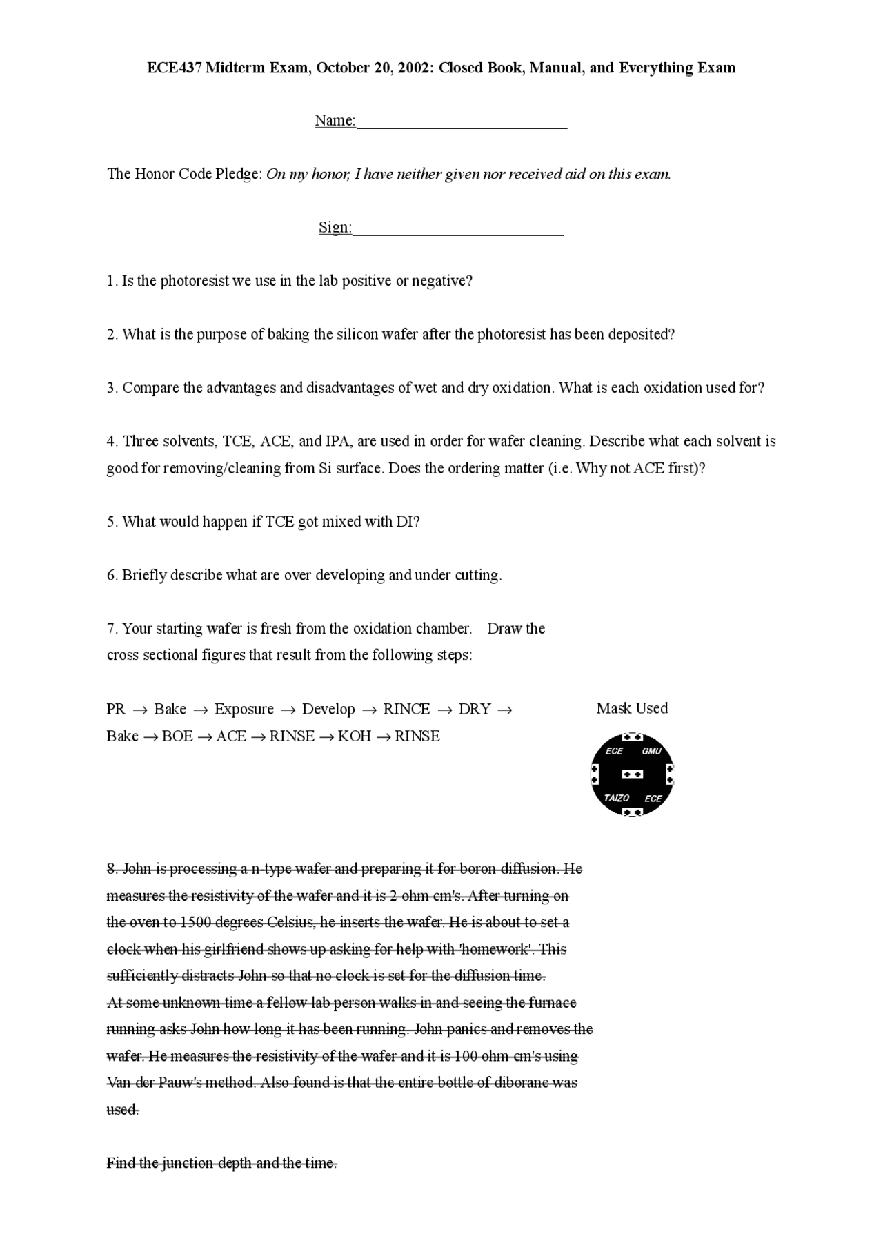 Midterm Exam Principles Of Microelectronic Device Fabrication Ece