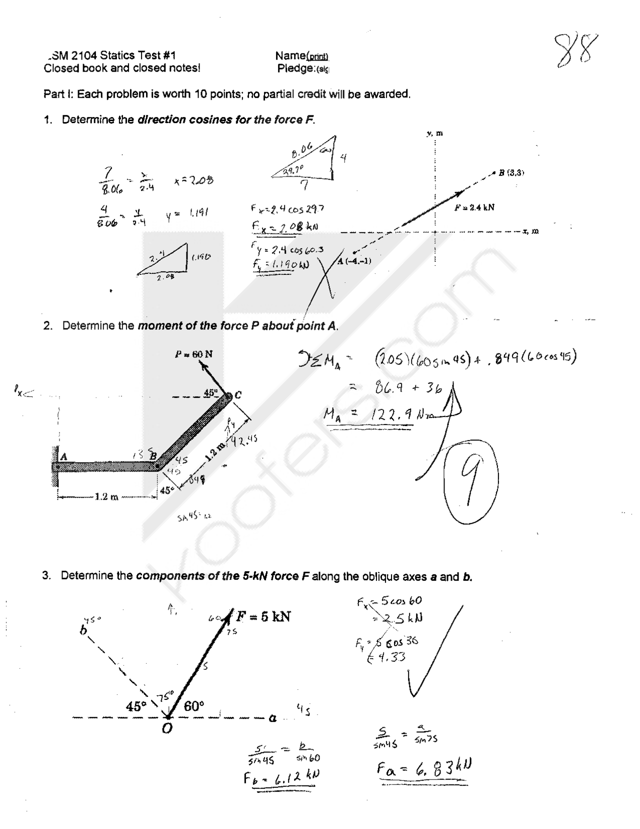 Test 1 with Solution - Statics | ESM 2104 | Exams Statics | Docsity