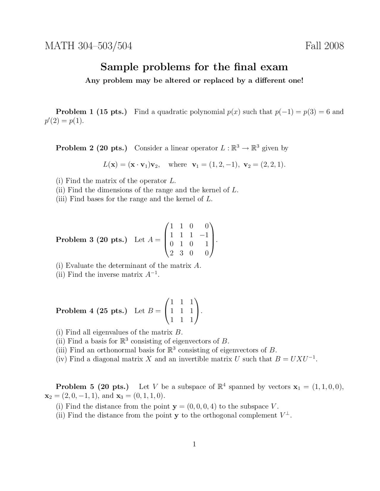Sample Problems For The Final Exam Linear Algebra Math 304 Docsity