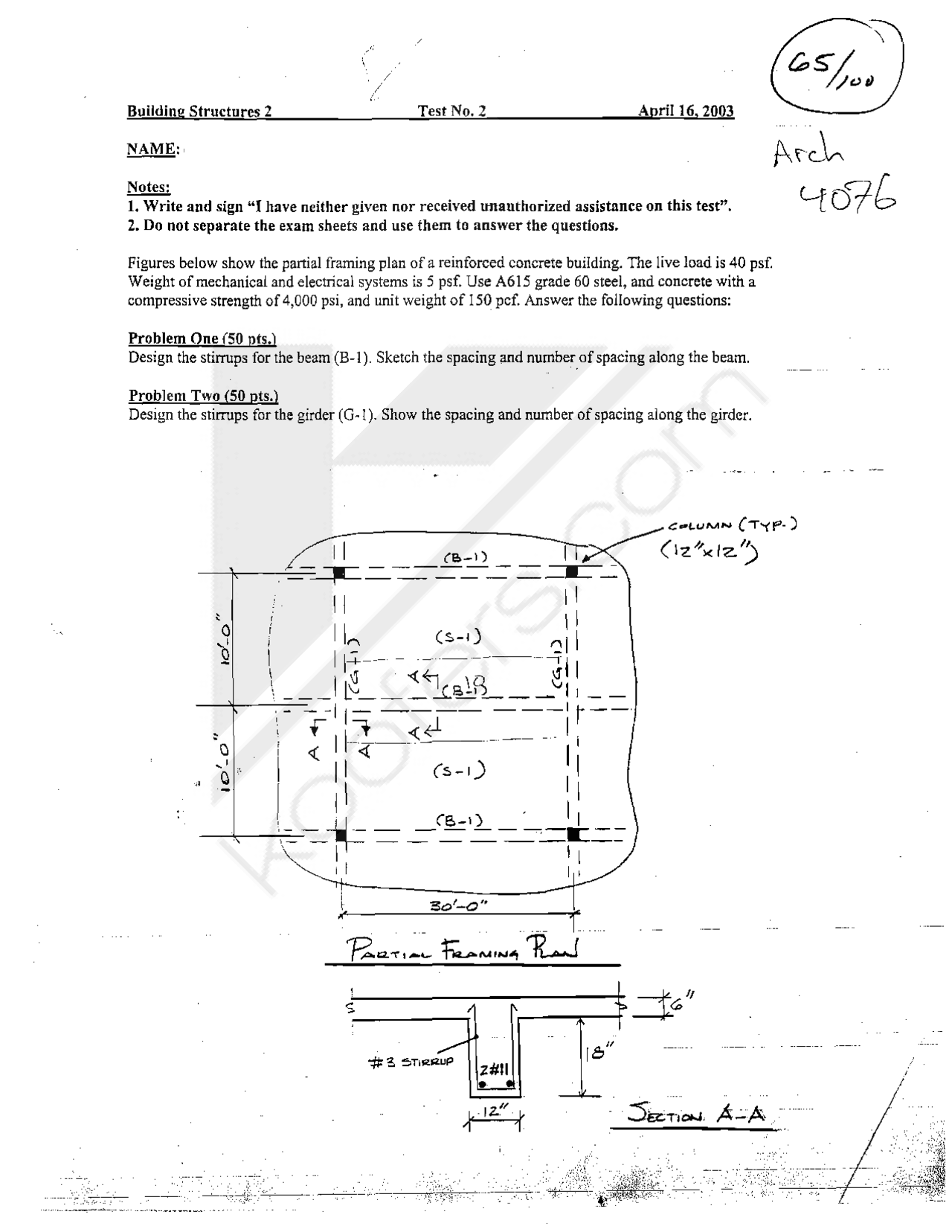 Building Structures 2 Test No 2 Building Structures Arch 4076 Docsity