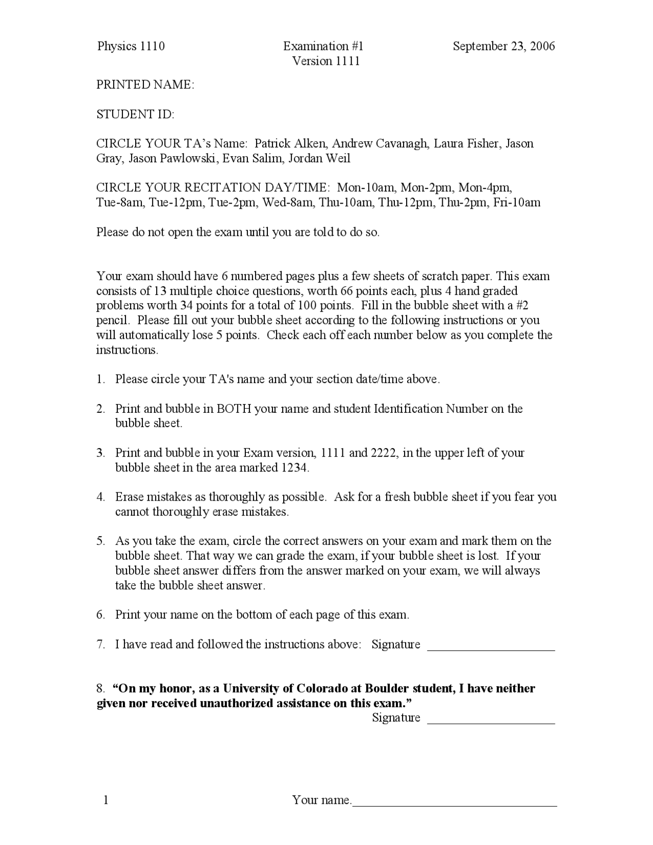 General Physics 1 Practice Exam 1 Phys 1110 Docsity