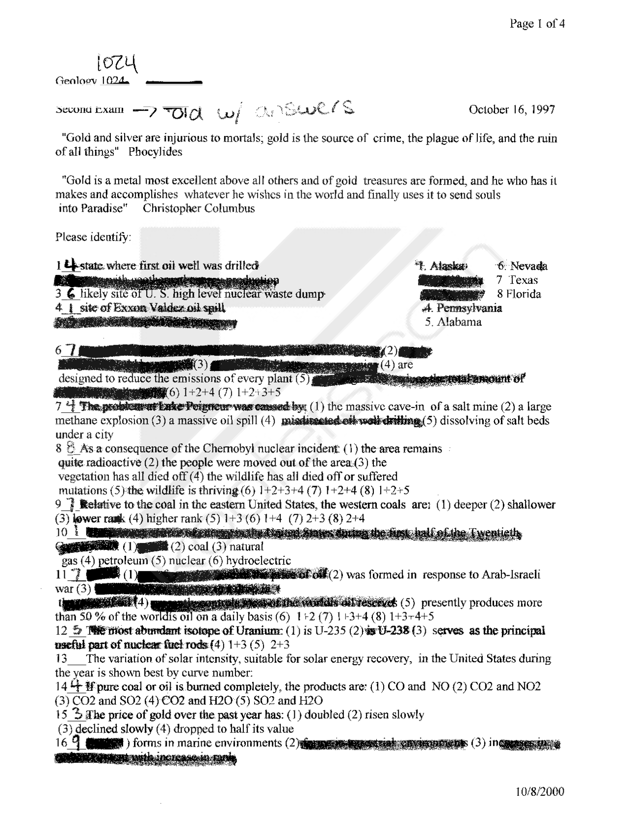 60 Mcqs With Answers Resources Geology Geos 1024 Docsity