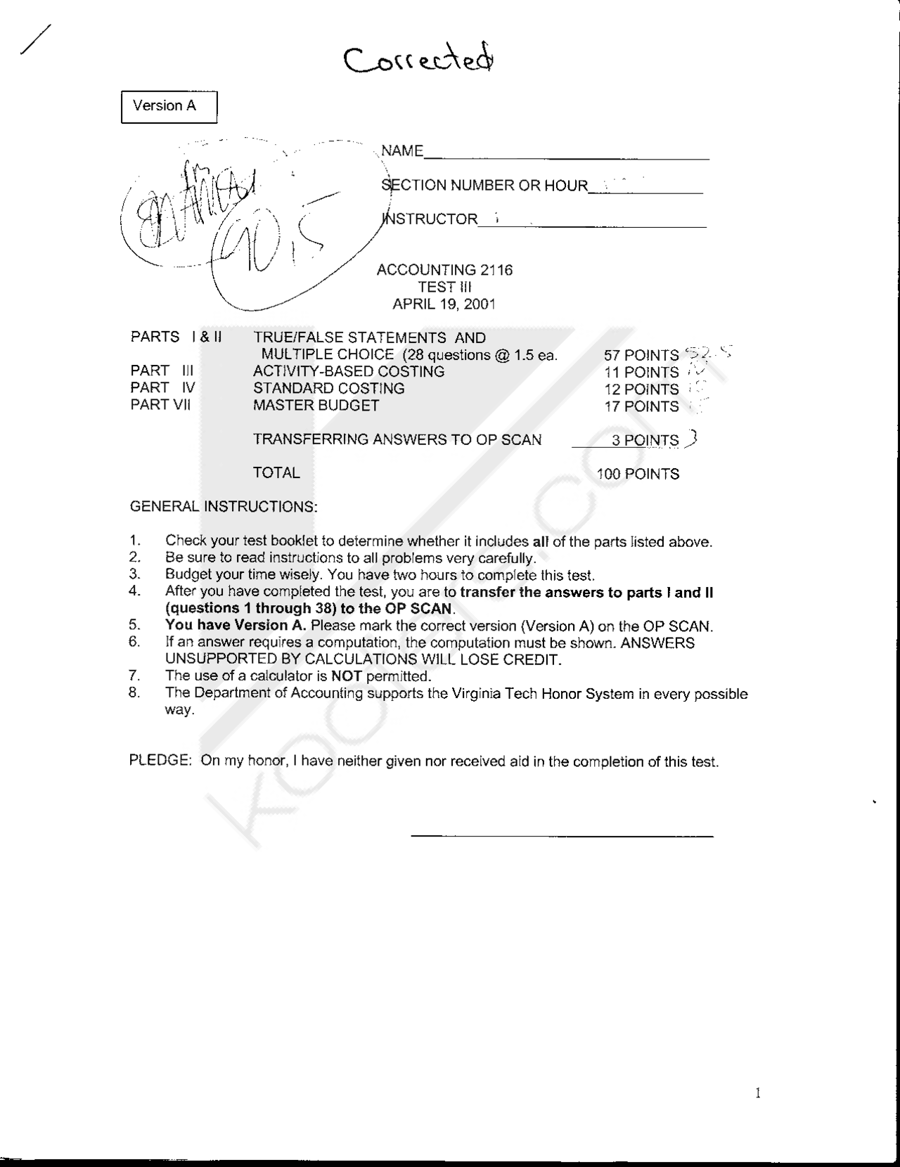 Solved Exam 3 Version A Principles Of Accounting Acis 2116 Docsity