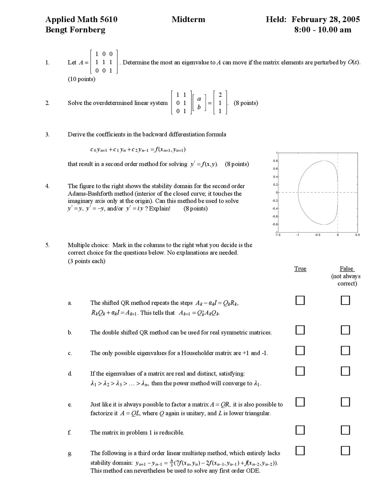 Numerical Analysis Ii Midterm Exam 2005 Appm 5610 Docsity
