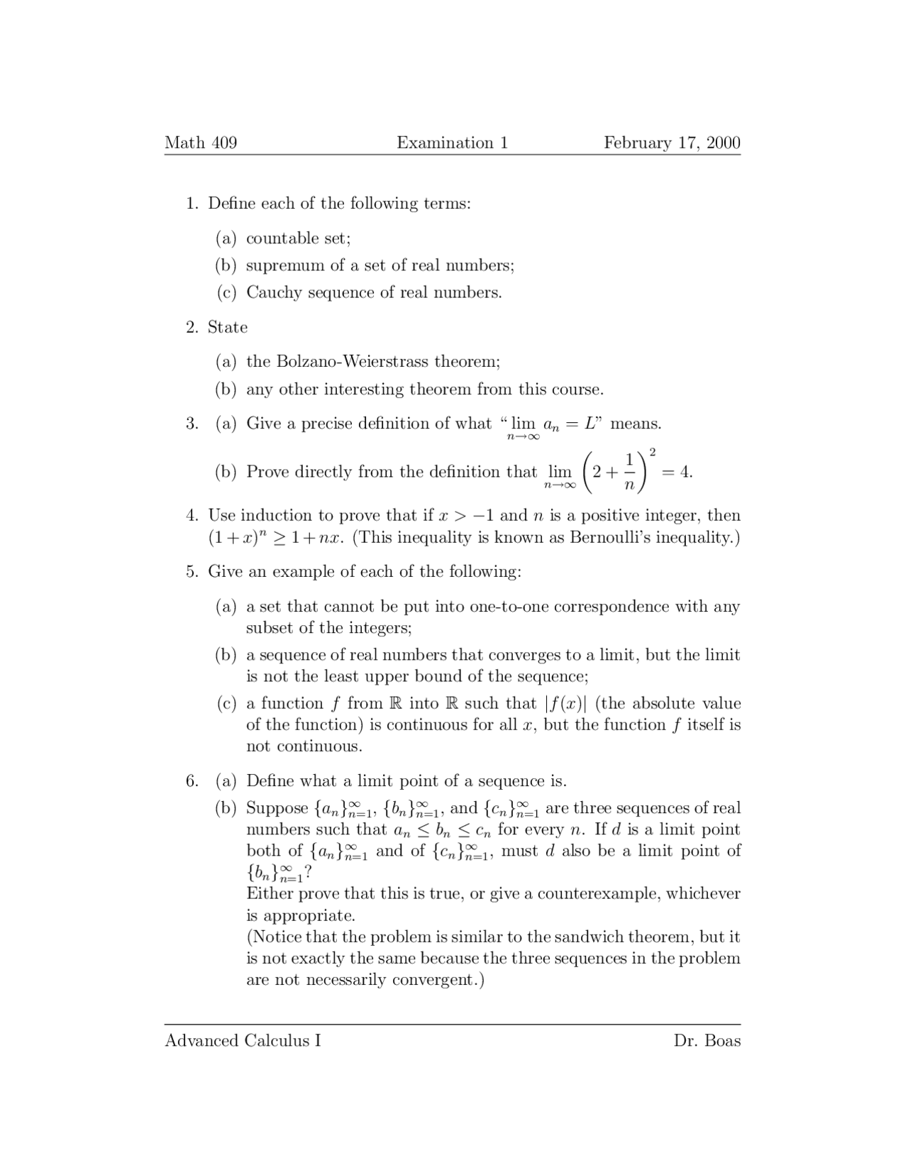 6 Problems Examination 1 - Advanced Calculus I - Fall 2000 | MATH 409 ...