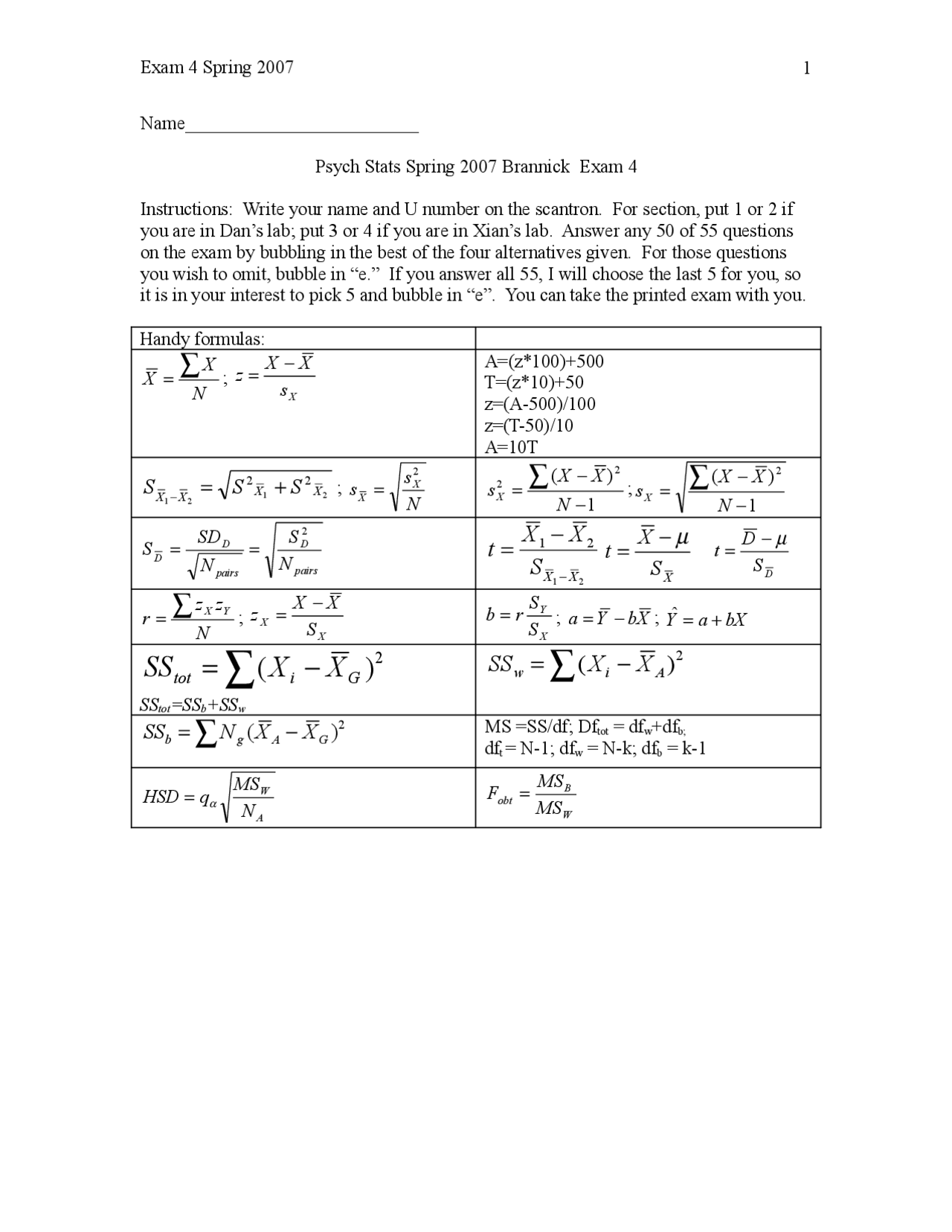 Exam 4 Review Psychological Statistics Psy 3204 Docsity