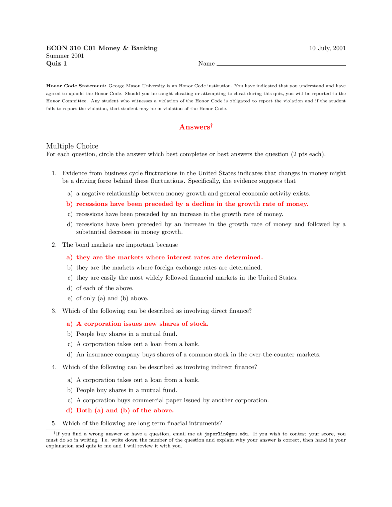Money And Banking Quiz 1 Solutions Econ 310 Docsity