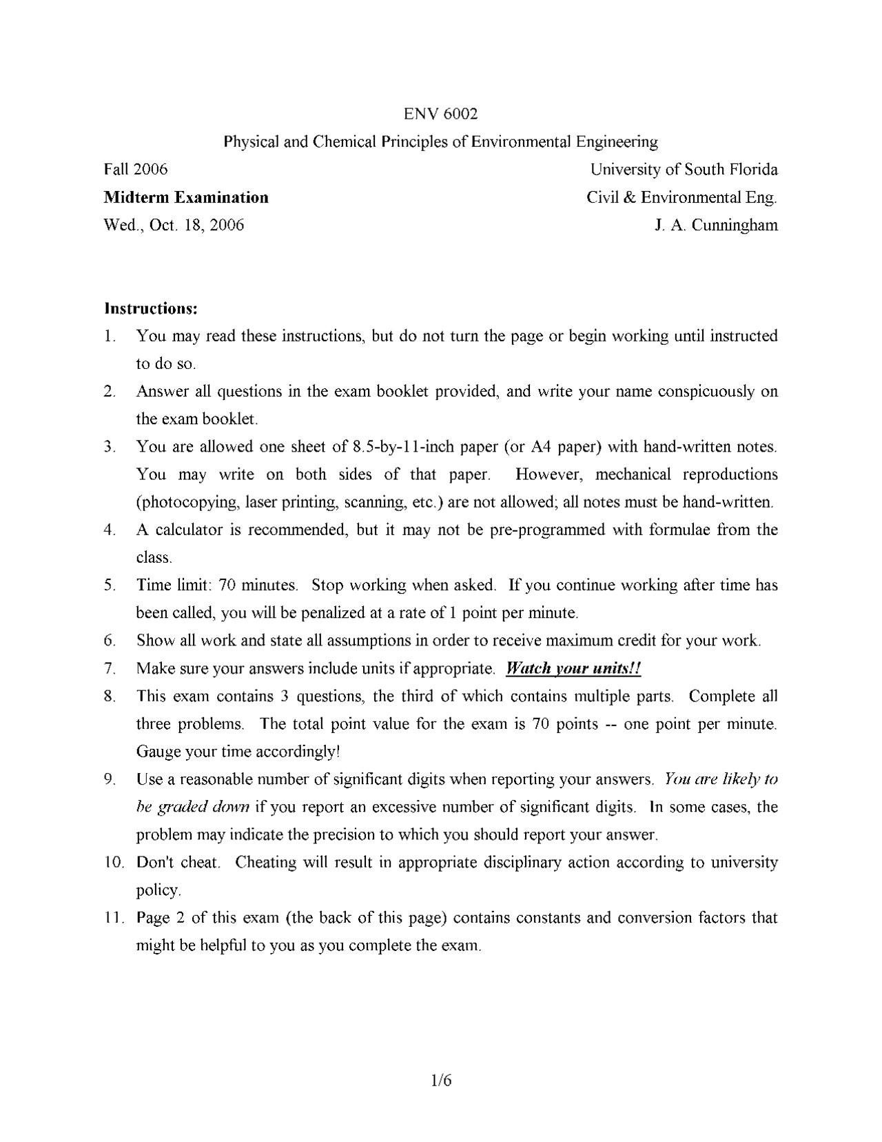 Physical And Chemical Principles Midterm Exam Env 6002 Docsity