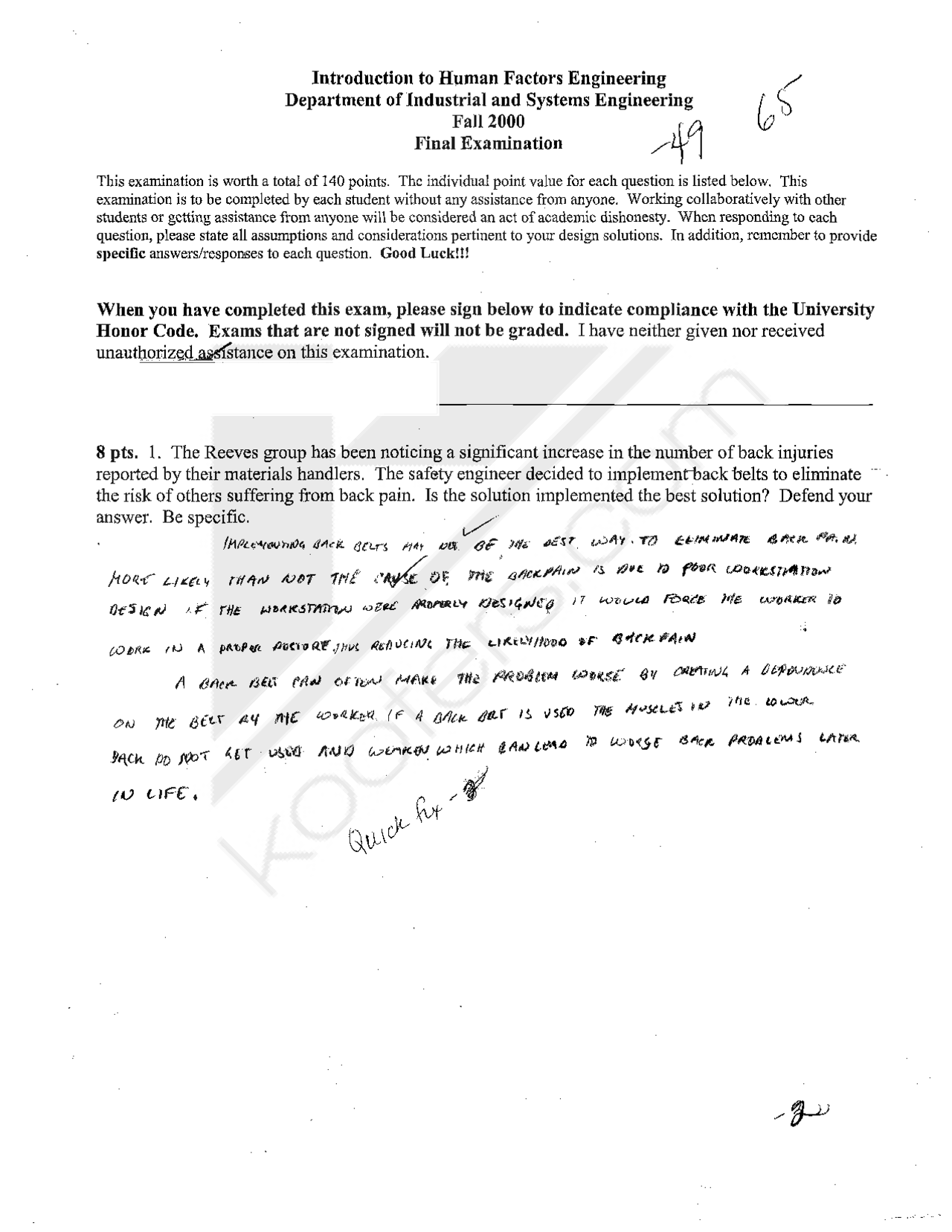 Final Exam Solved - Human Factors Engineering - Fall 2000 | ISE 3614 ...