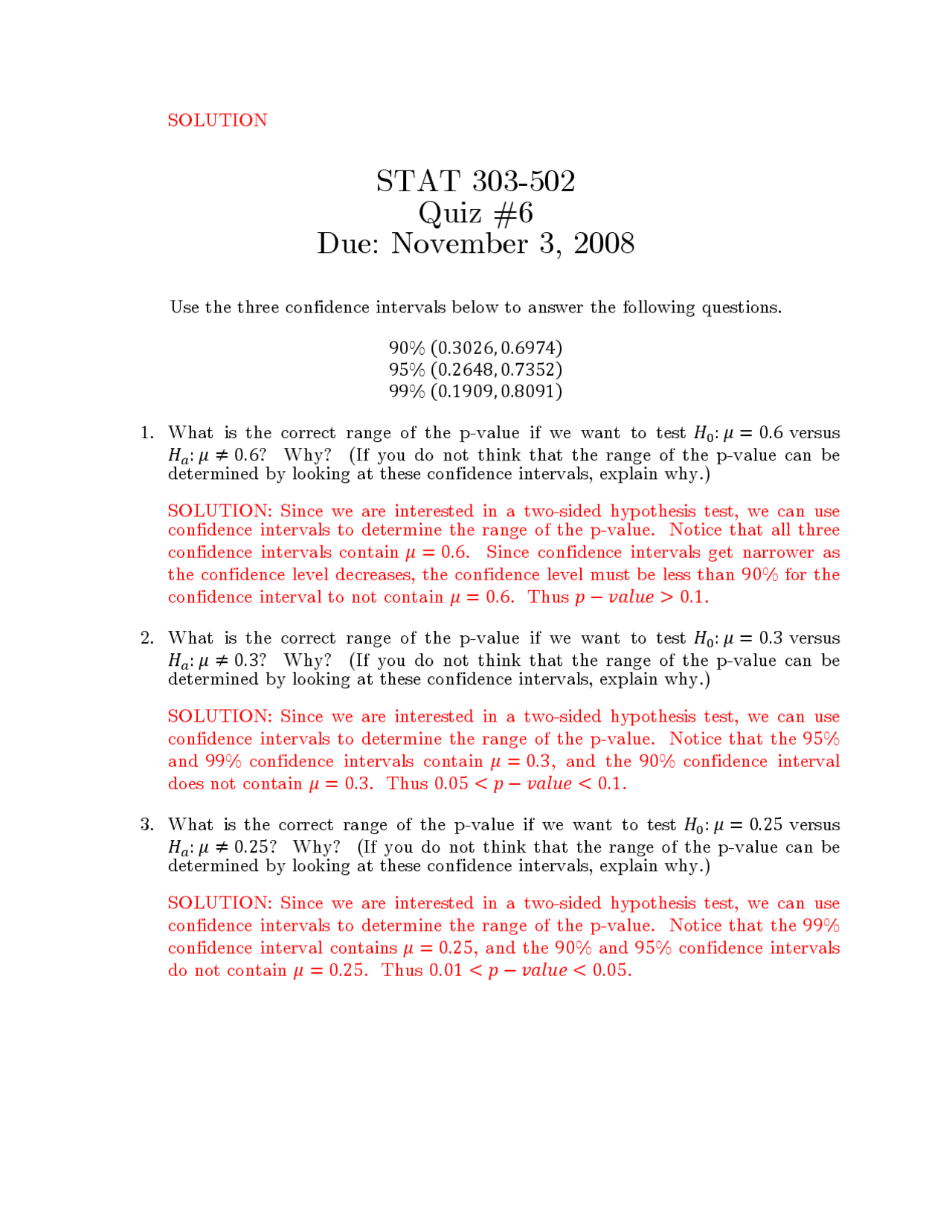 Quiz 6 With Solutions Statistics Methods Stat 303 Docsity