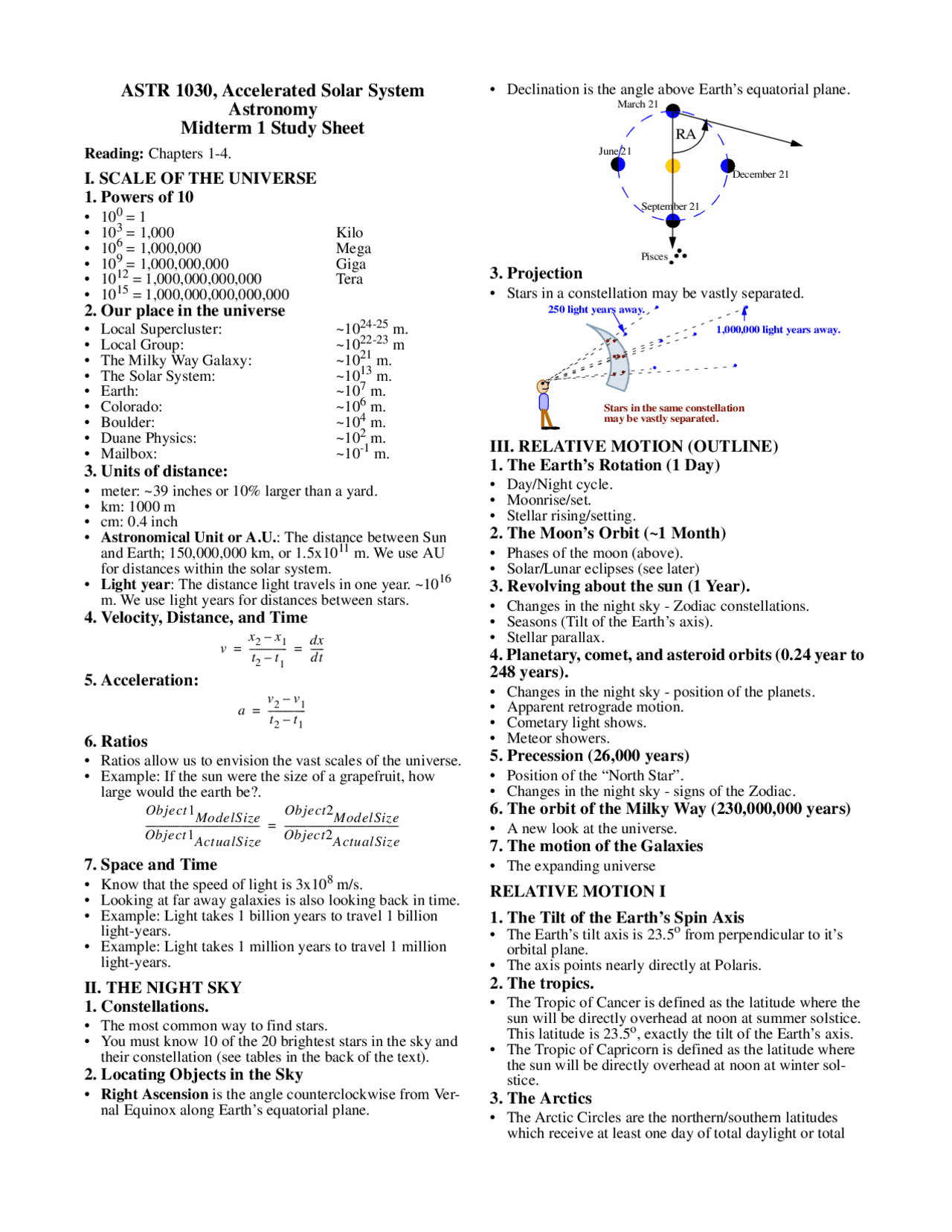 Midterm 1 Study Sheet - Accelerated Solar System Astronomy 1 | ASTR 1030 - Docsity