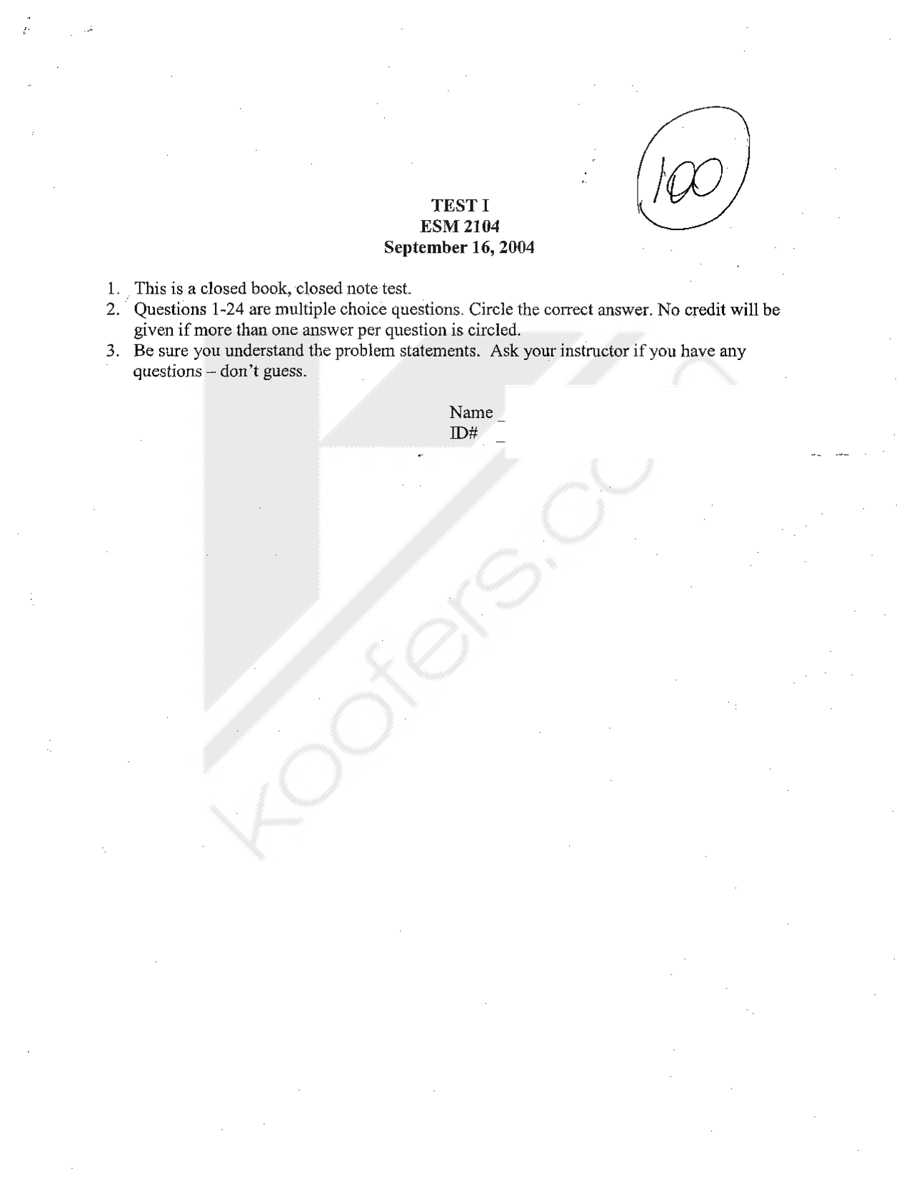 Statics Answer Key For Test 1 Fall 2004 Esm 2104 Docsity