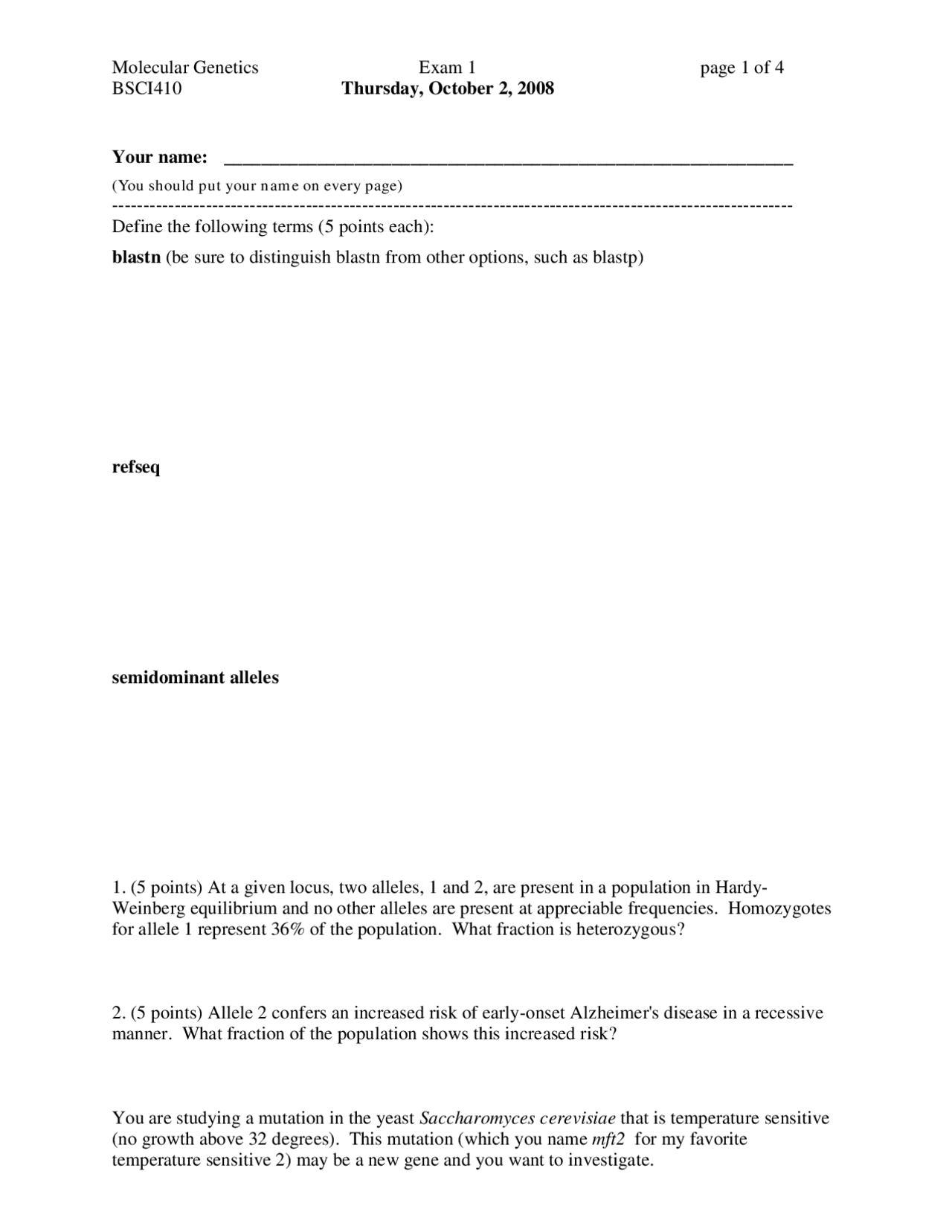 Molecular Genetics Exam 1 | Exams Molecular biology | Docsity
