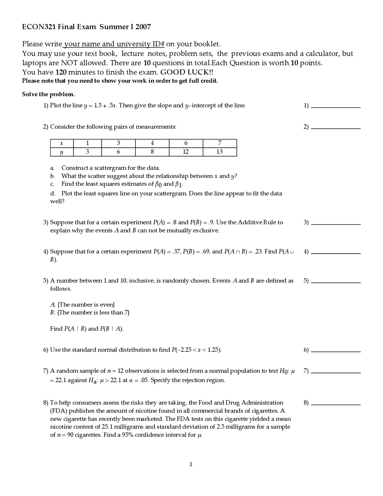 10 Questions With Answer Key Economic Statistics Econ 321 Docsity