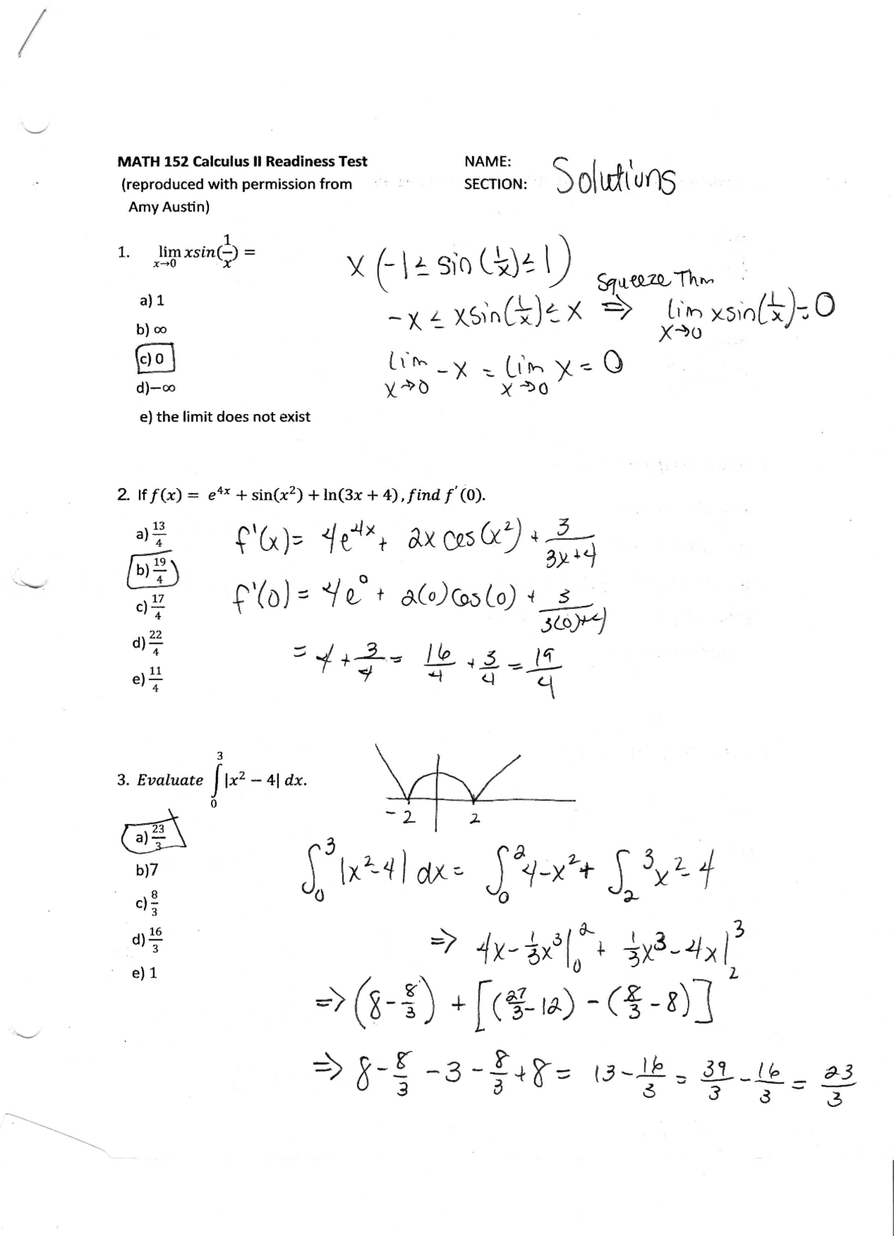 Readiness Test Solutions - Engineering Mathematics I | MATH 152 - Docsity