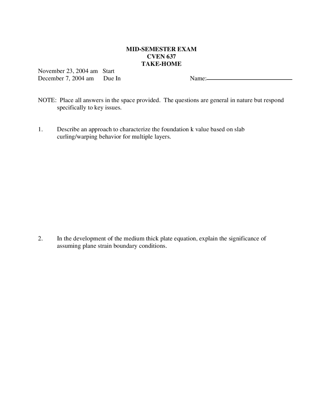 10 Questions Midterm Exam Analysis Of Rigid Pavement Cven 637