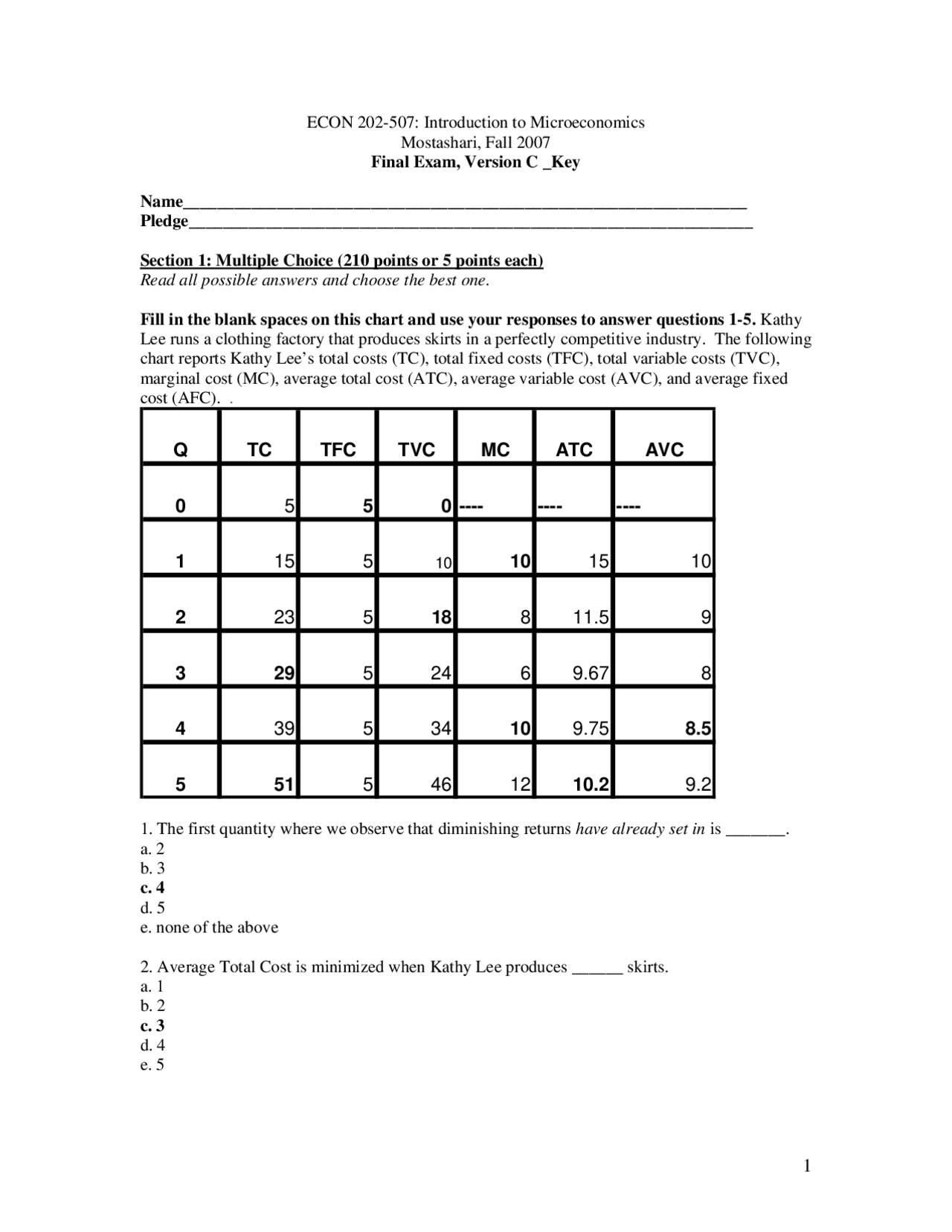 Final Exam Version C Key - Principles of Economics | ECON 202 - Docsity