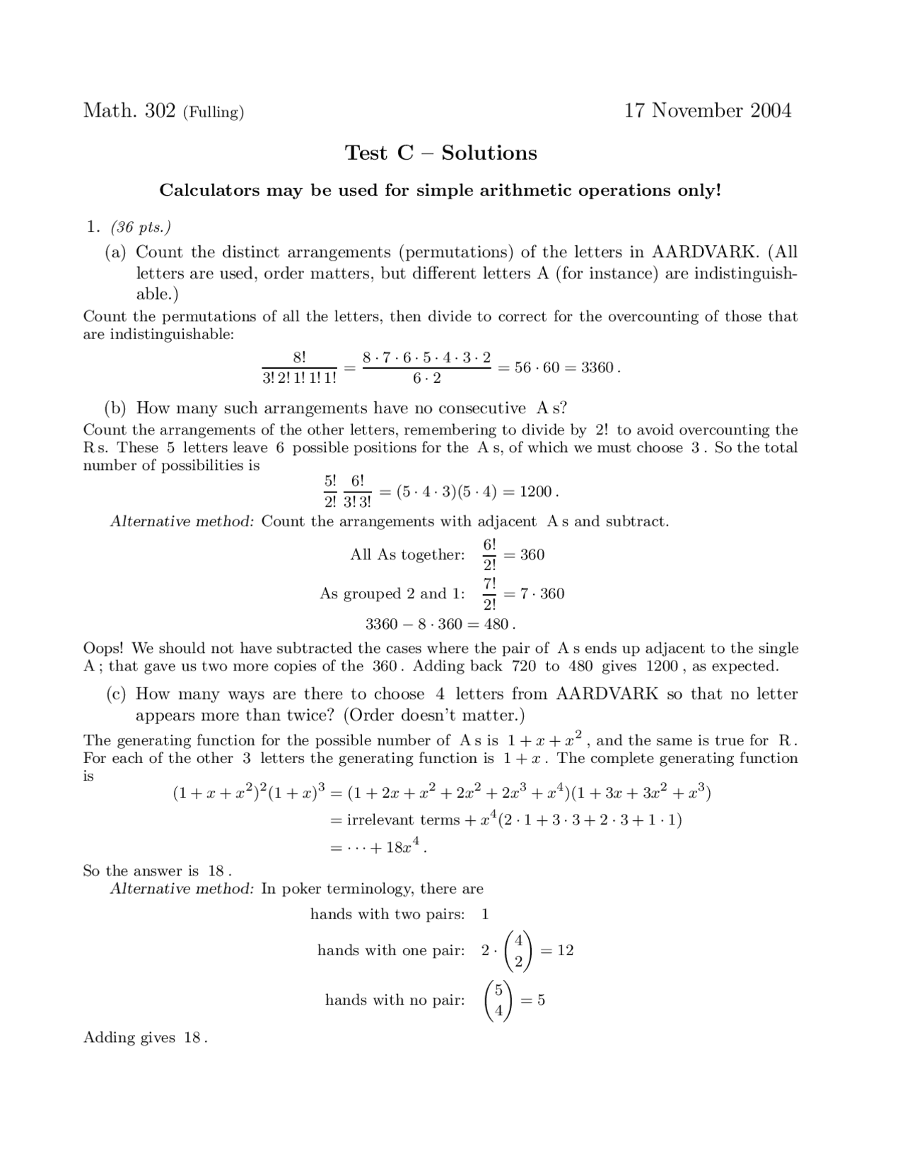 Test C Solutions Discrete Mathematics Math 302 Docsity